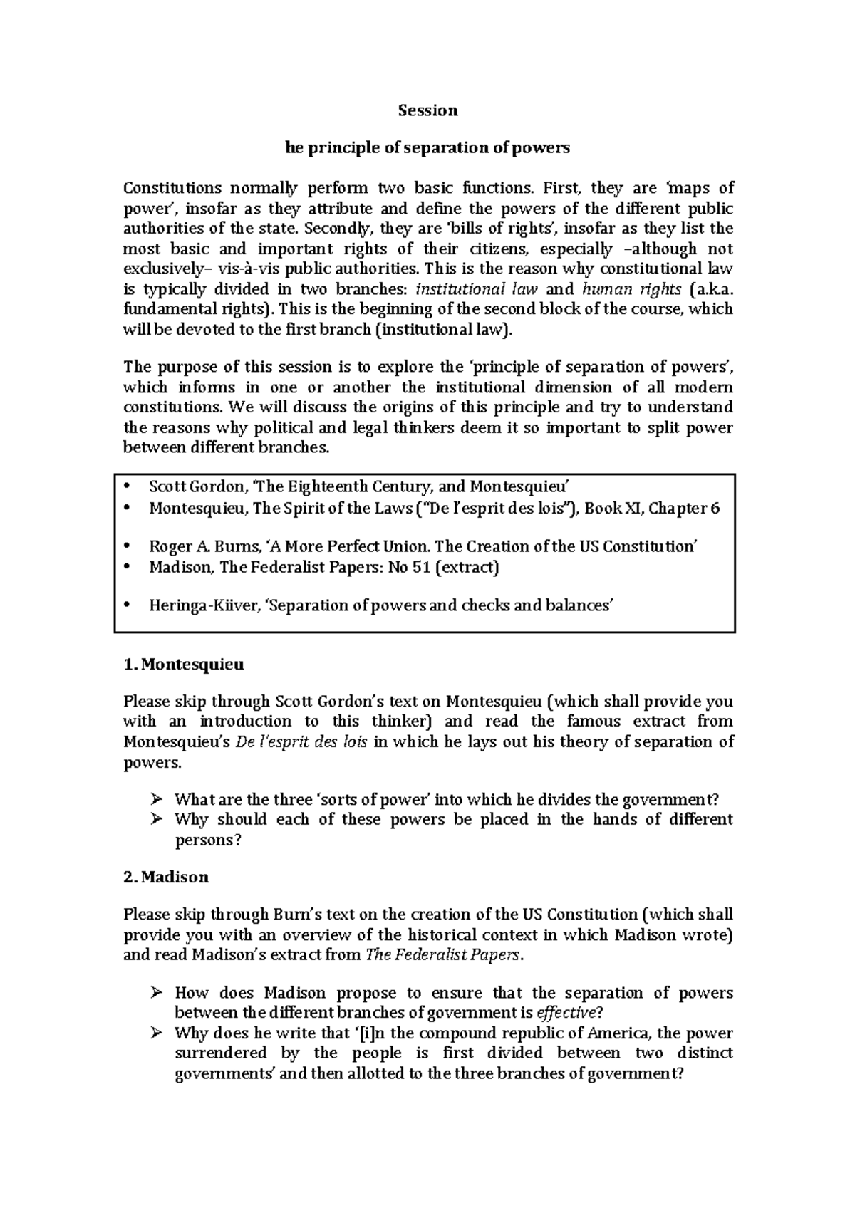 Session 9 - The Principle of Separation of Powers in Constitutions ...