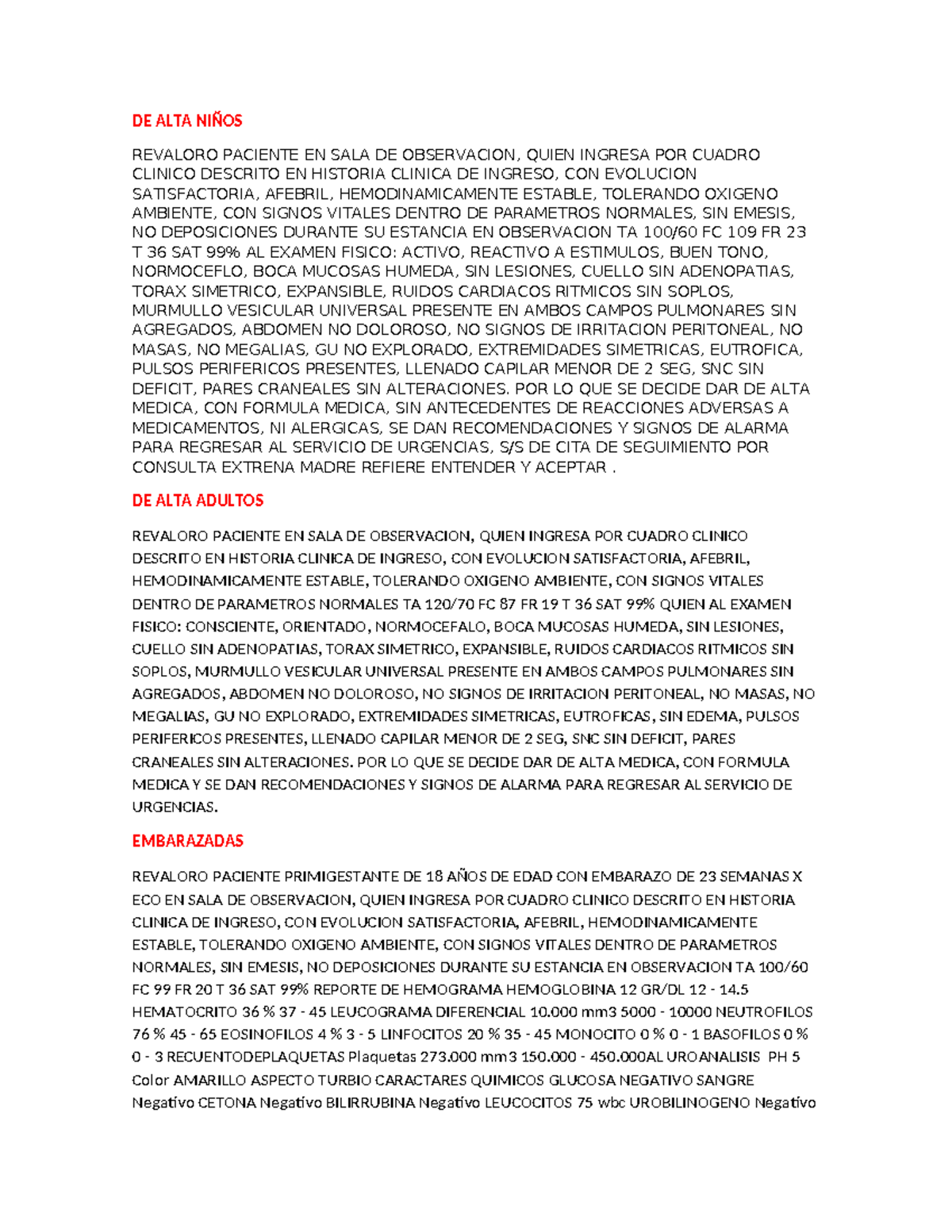 Nota de Alta Médica: Pacientes Niños, Adultos y Embarazadas - Studocu