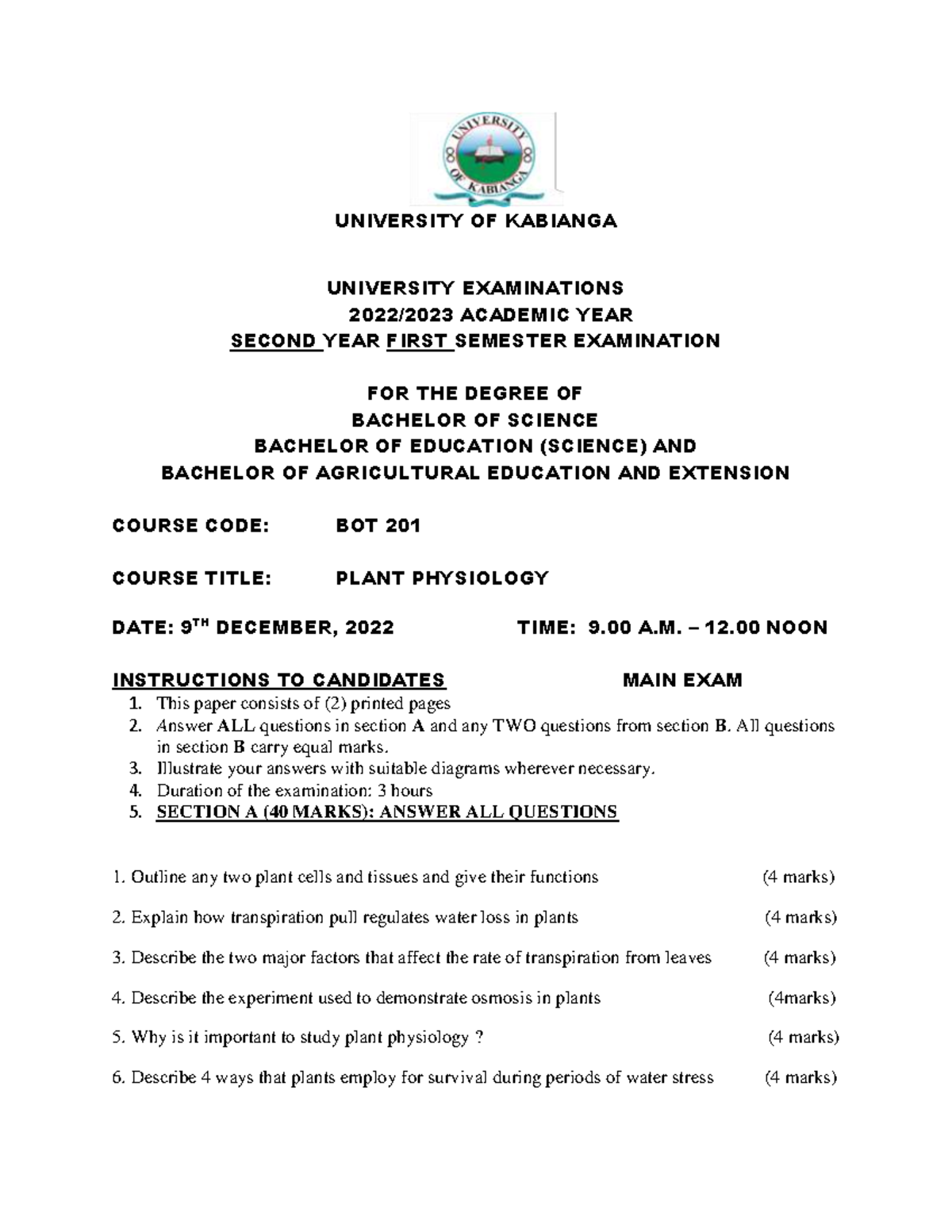 BOT 201: Main Exam on Plant Physiology - 2022/2023 Academic Year - Studocu