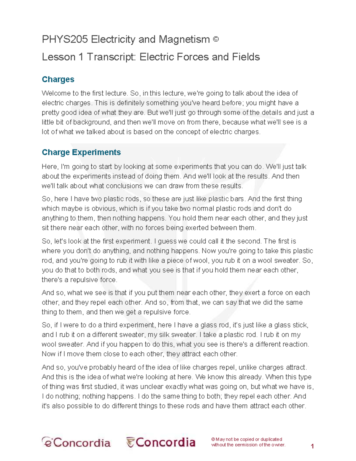 PHYS205 Electricity and Magnetism Lesson 1: Electric forces and fields ...