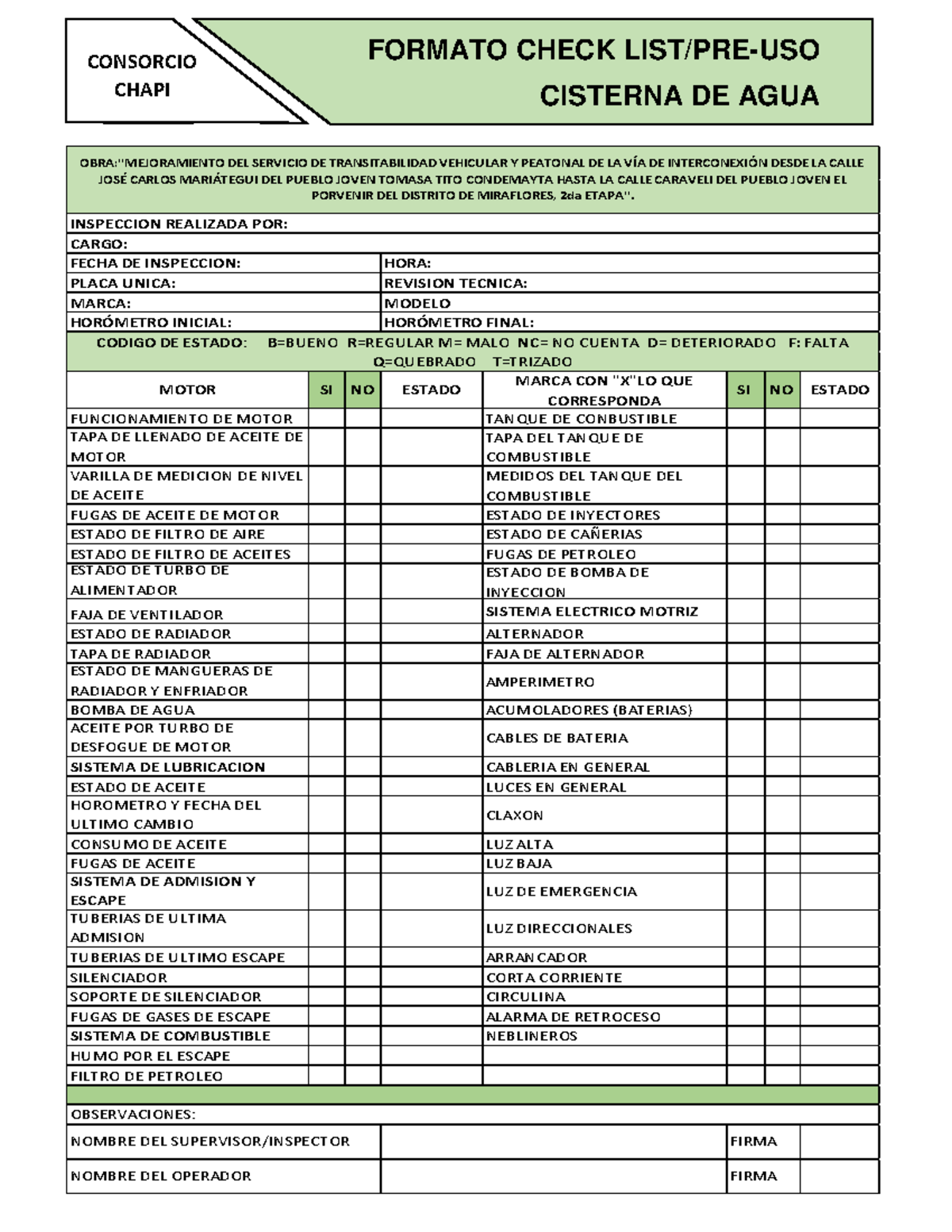 Checklist de Inspección Pre-uso para Cisterna de Agua - CISTERNA 2023 - Studocu