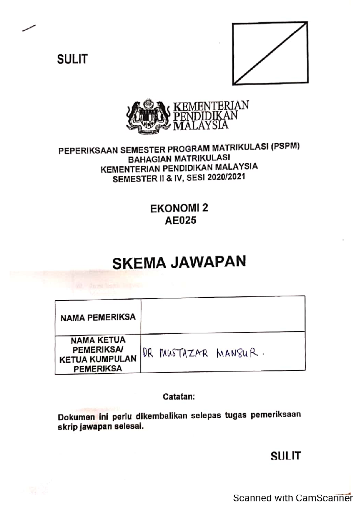 Skema Jawapan PSPM 20-21 AE025: Peperiksaan Semester Matrikulasi - Studocu