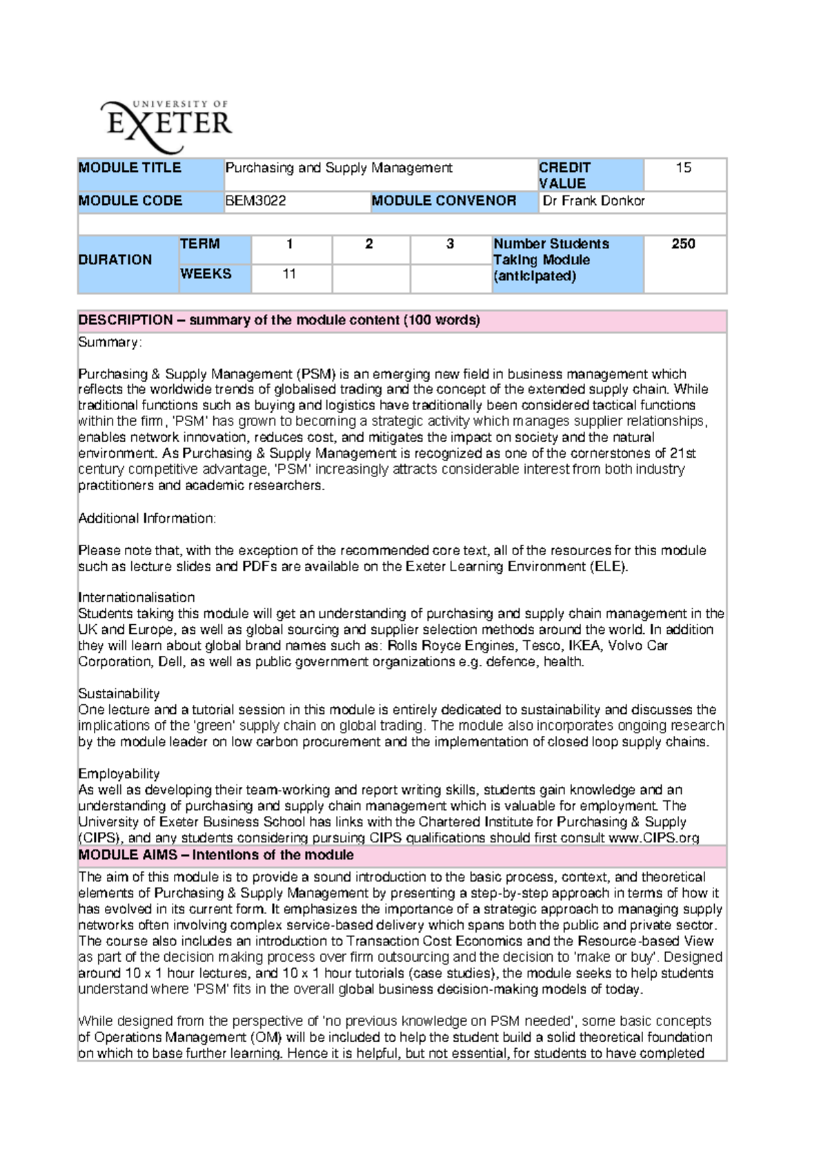 BEM3022 Purchasing and Supply Management Module Descriptor 2023-24 ...