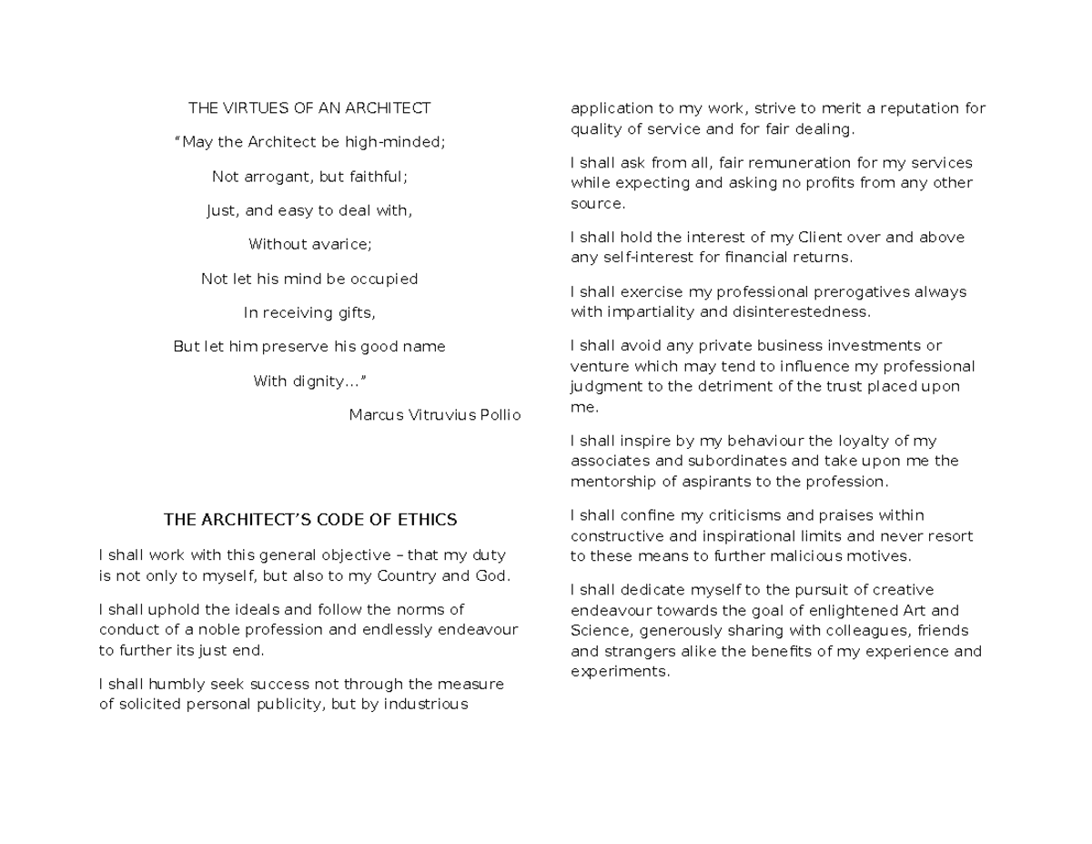 The Architect's Code of Ethics: Principles and Responsibilities - Studocu