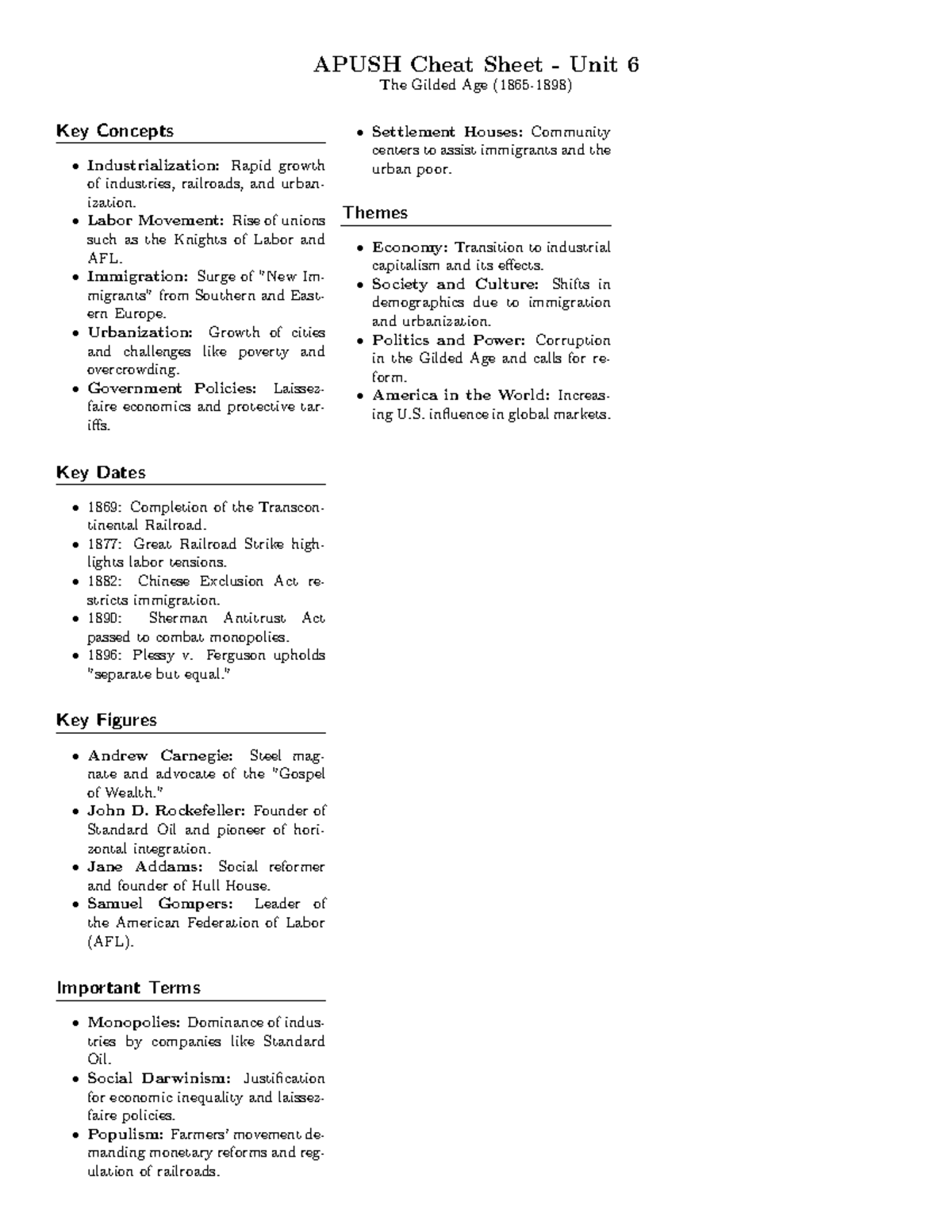 Apush - APUSH Cheat Sheet - Unit 6 The Gilded Age (1865-1898) Key ...
