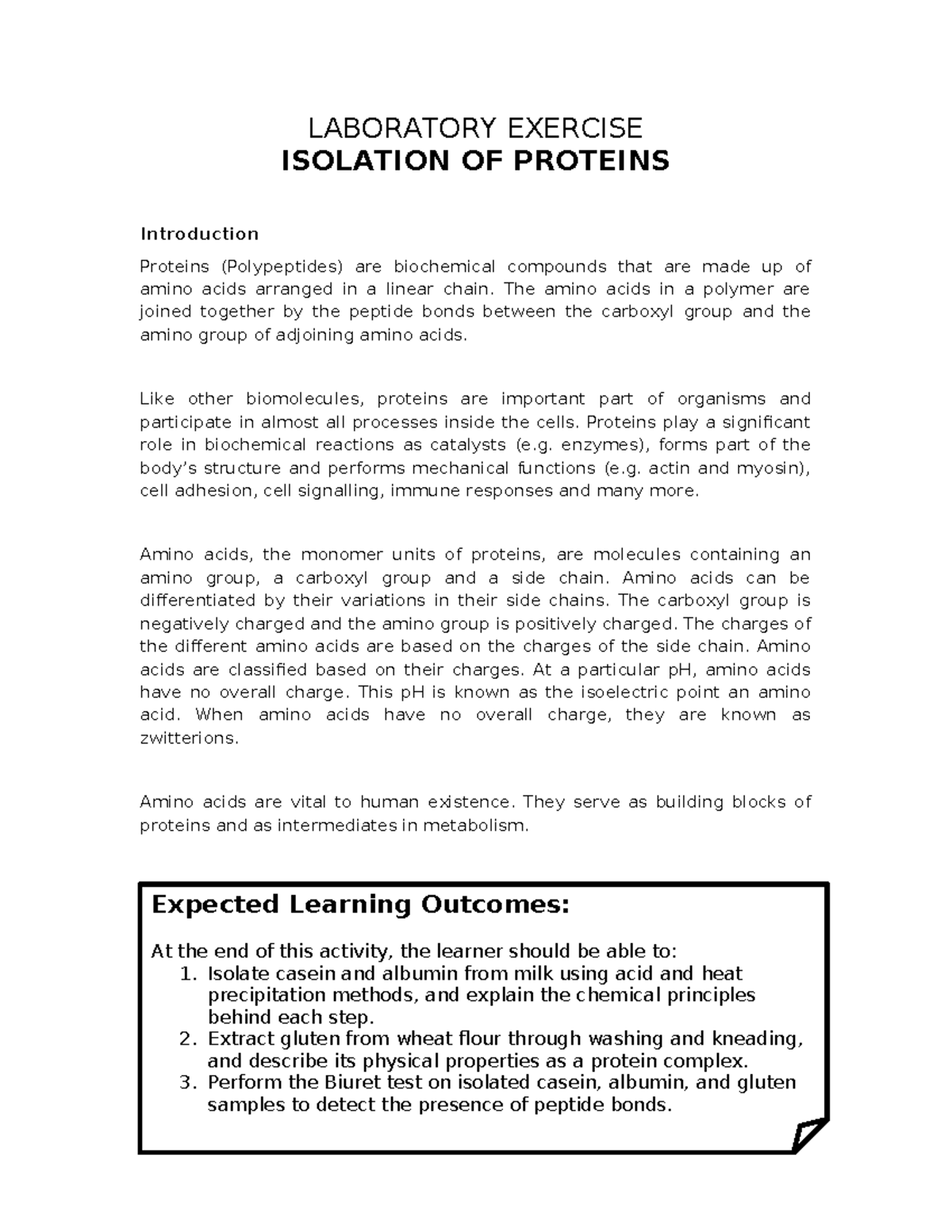 Isolation of Proteins Lab Exercise: Casein, Albumin, and Gluten - Studocu