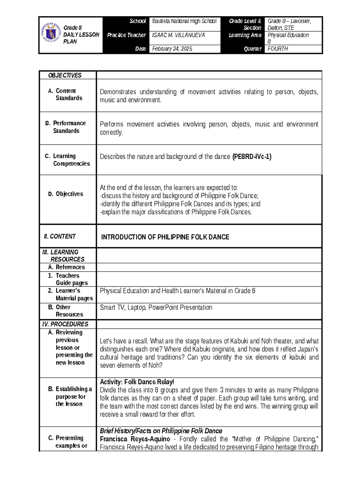 Grade 8 Physical Education Lesson Plan: Philippine Folk Dances - Studocu