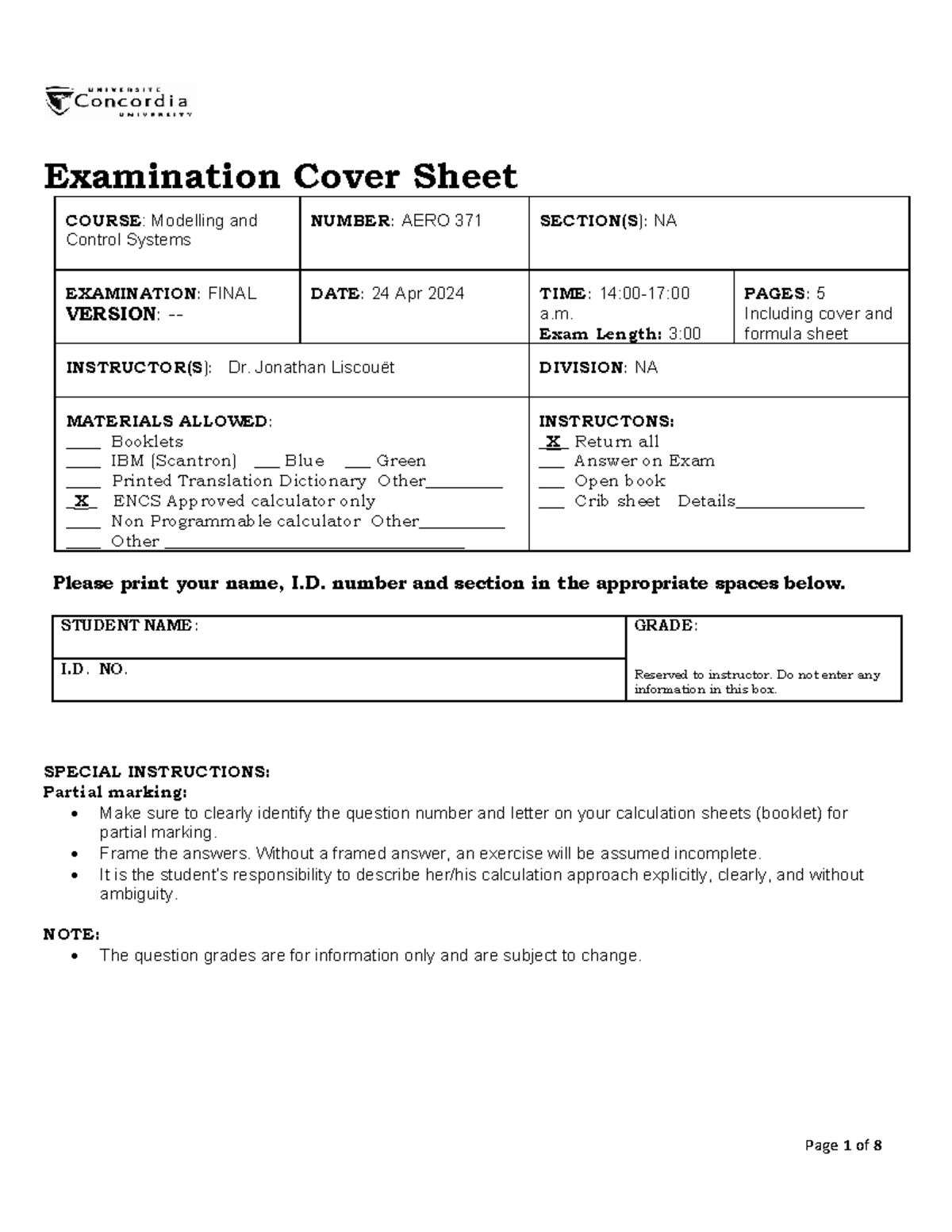 AERO 371 Final Exam Cover Sheet - Modelling and Control Systems - Studocu