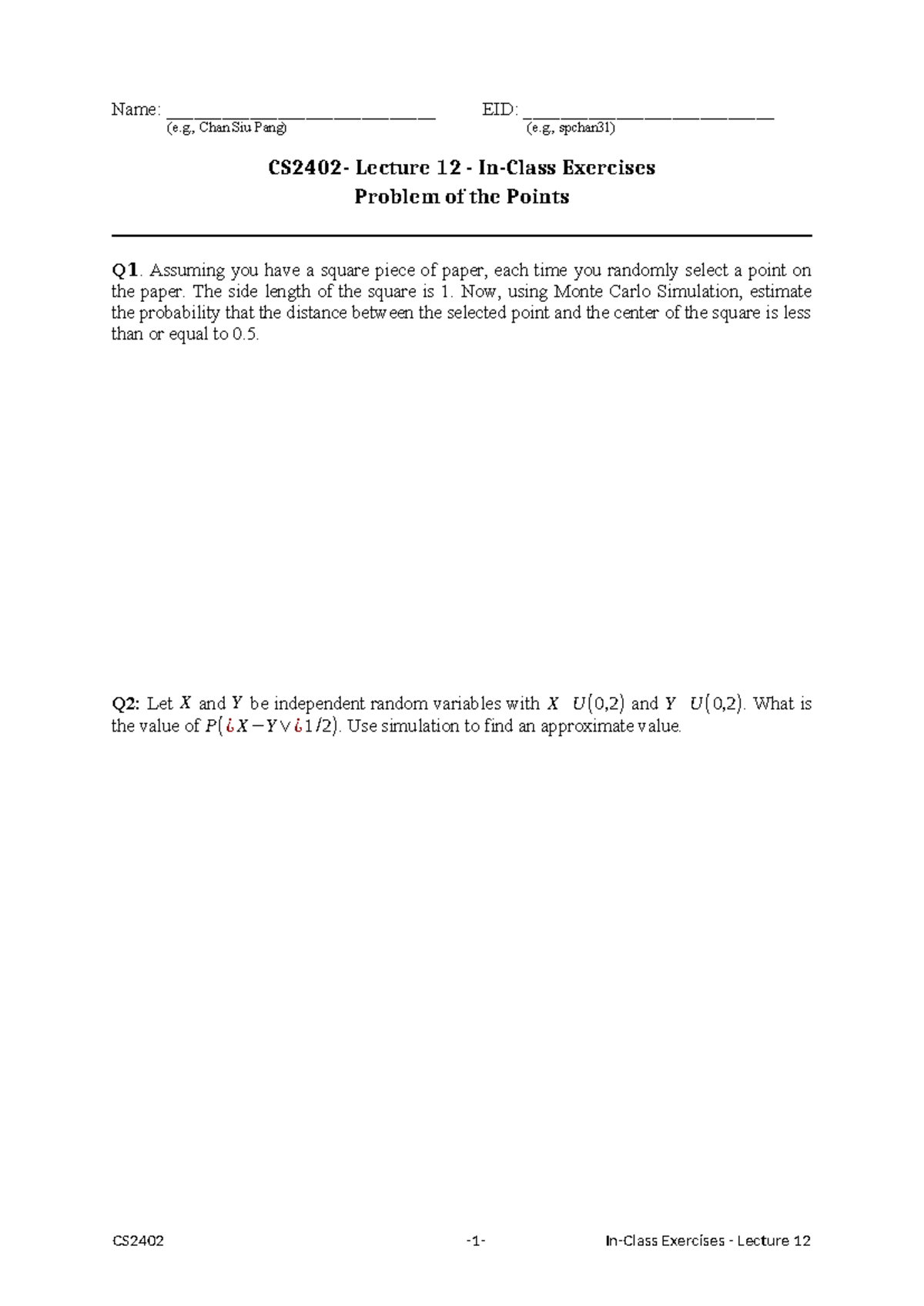 CS2402 Lecture 12 Exercises: Monte Carlo Simulations and Problems - Studocu