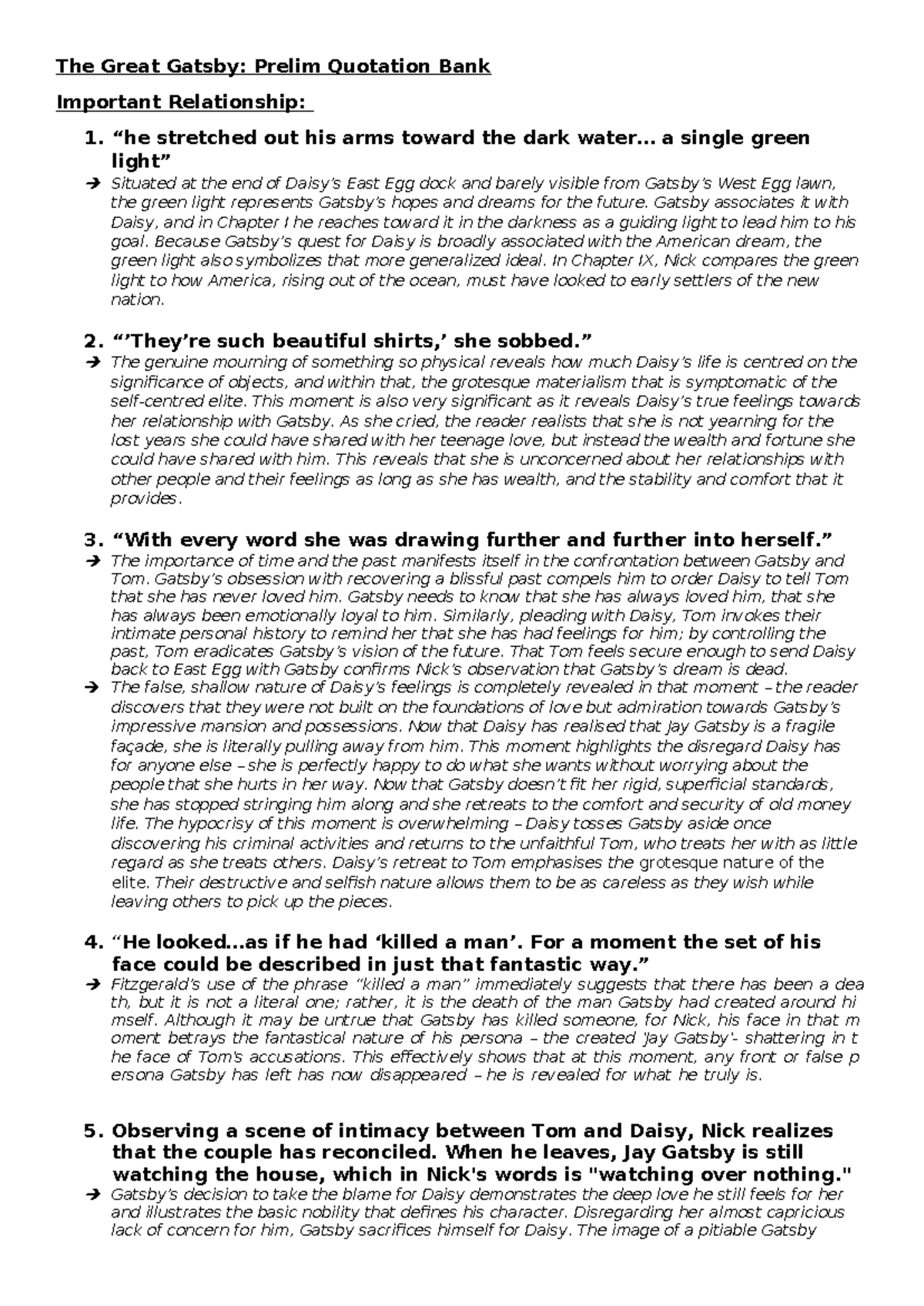The Great Gatsby: Prelim Quotation Bank and Analysis Notes - Studocu