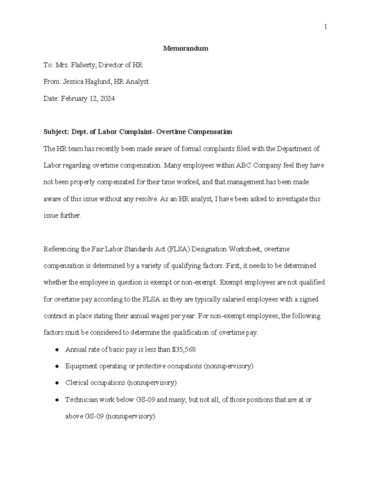 HRM 225 Module 5-1 Overtime Compensation Investigation Memo - Studocu