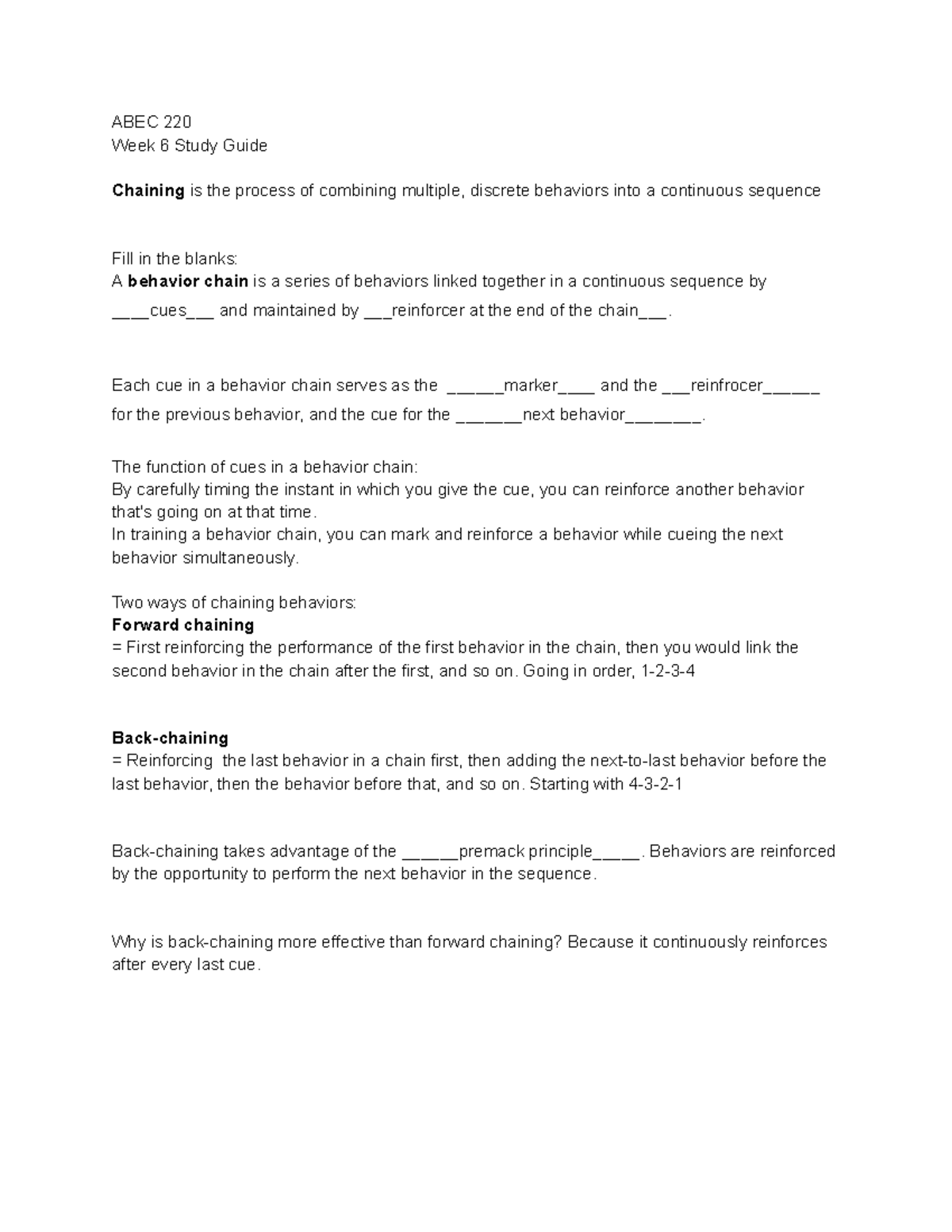 ABEC 220 Week 6 Study Guide: Chaining in Animal Learning - Studocu