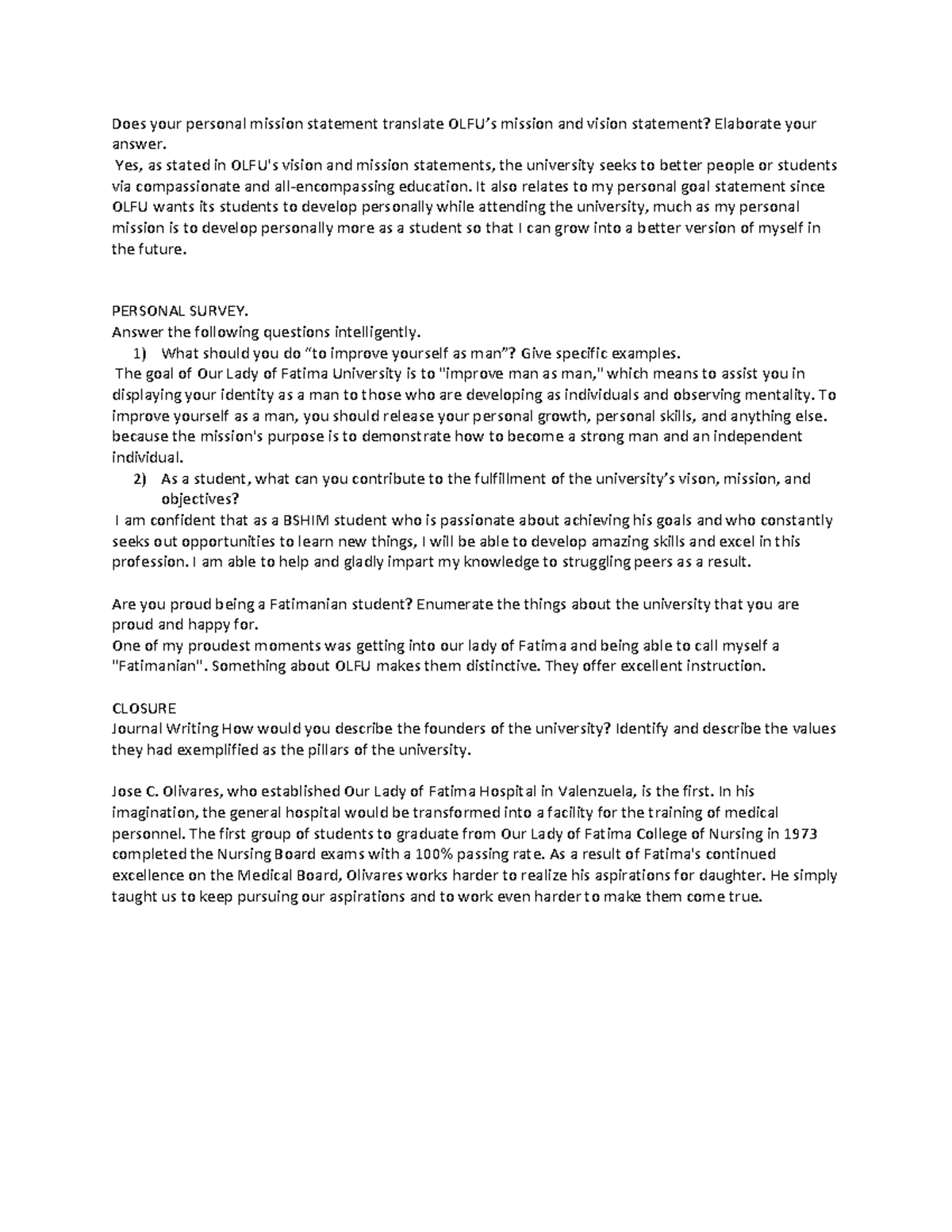 OLFU BSHIM Personal Mission Statement and University Alignment Analysis ...