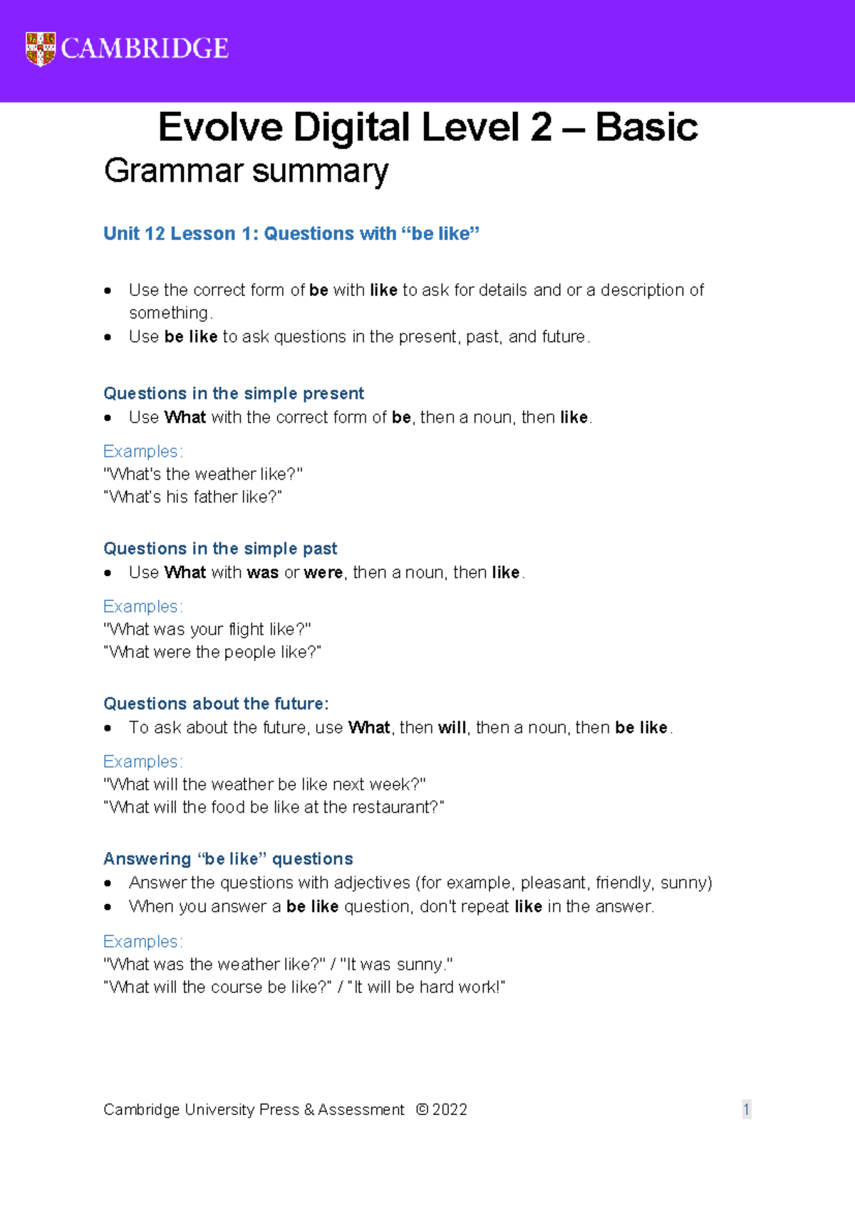 Unit 12 - Evolve Digital Level 2 Grammar Summary: Questions with 'Be ...