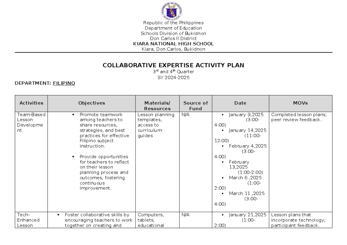 Filipino Collaborative Expertise Activity Plan (SY 2024-3rd & 4th Qtr ...