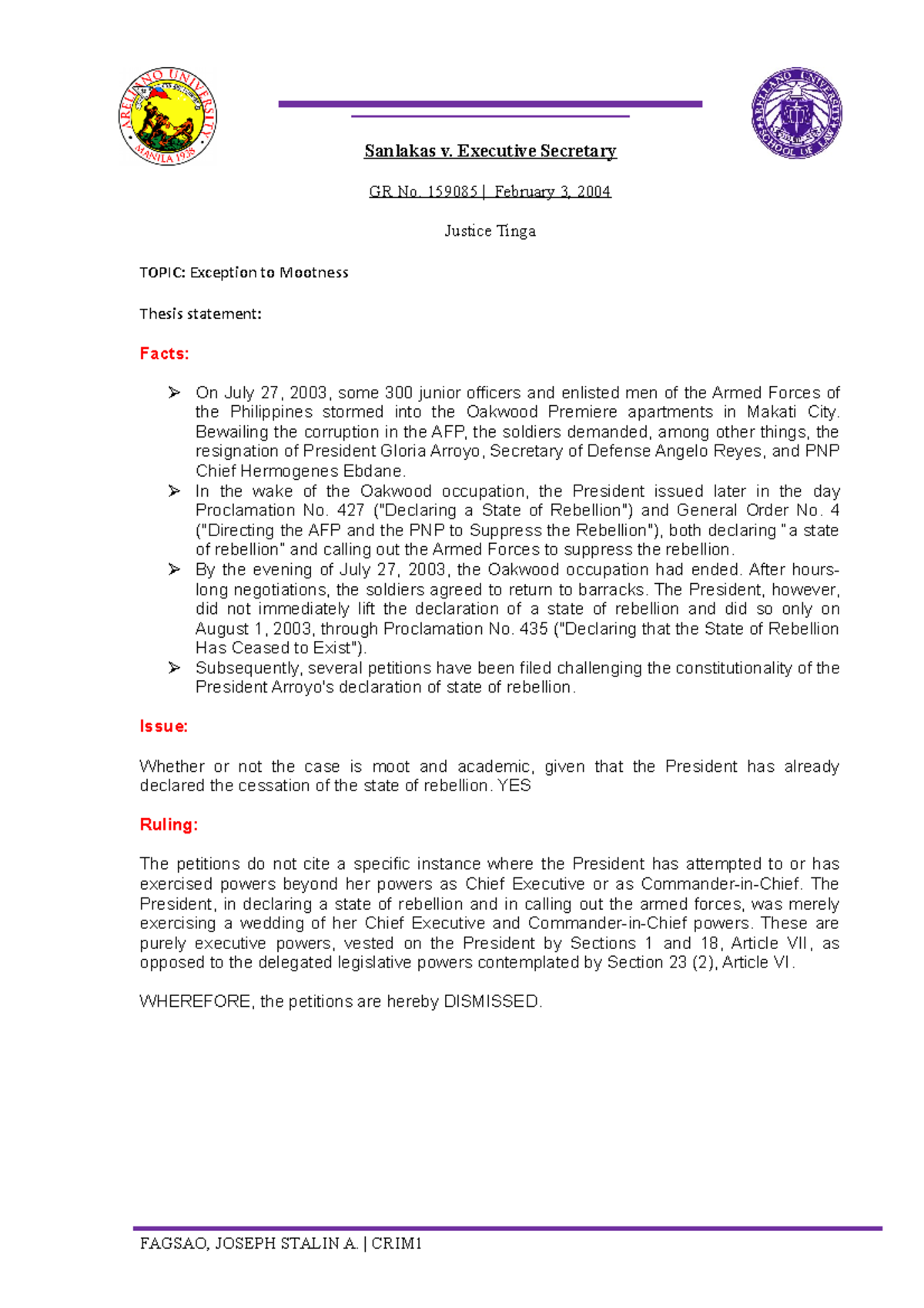 Sanlakas v. Executive Secretary: Exception to Mootness Analysis (GR ...