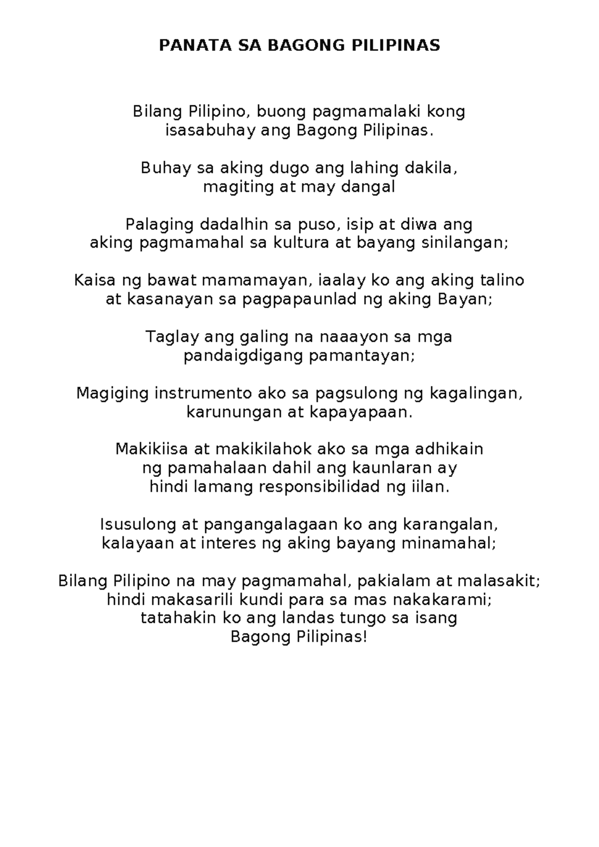 Bagong Pilipinas Pledge & Hymn: Panata sa Bagong Pilipinas - Studocu