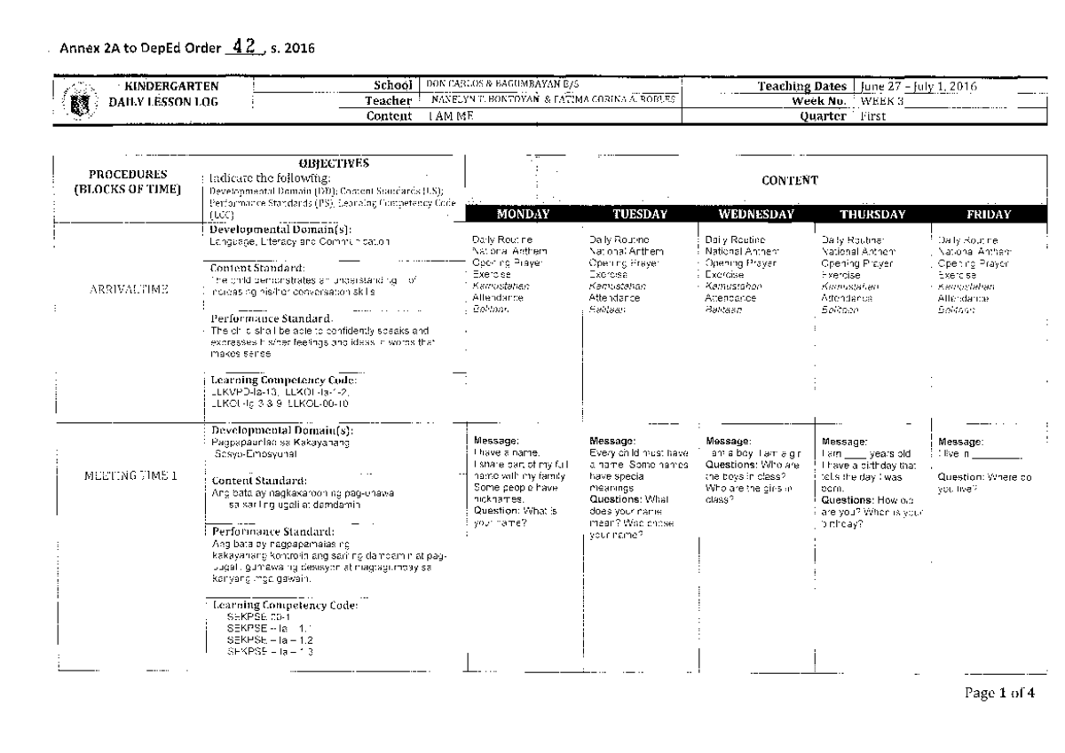 Sample DLL and DLP for DepEd Order 42, S. 2016 - Studocu