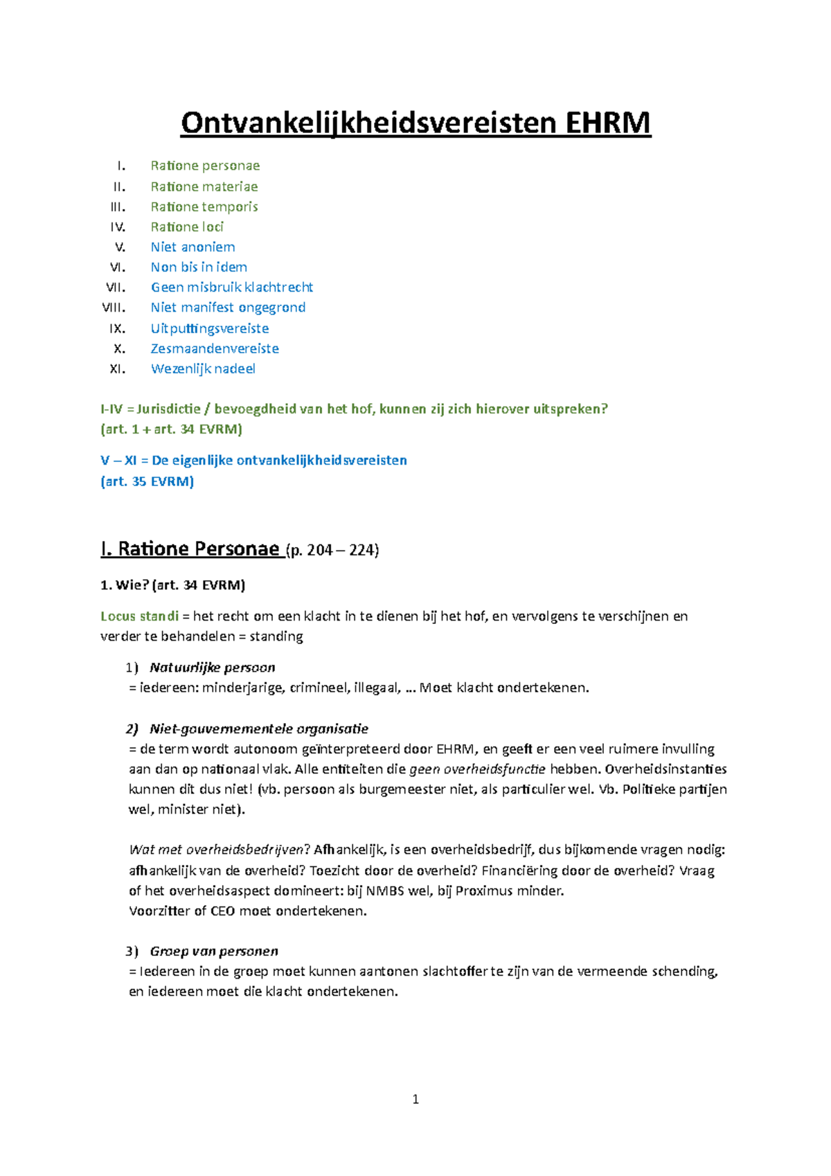 Samenvatting openboek examen - Ontvankelijkheidsvereisten EHRM I ...