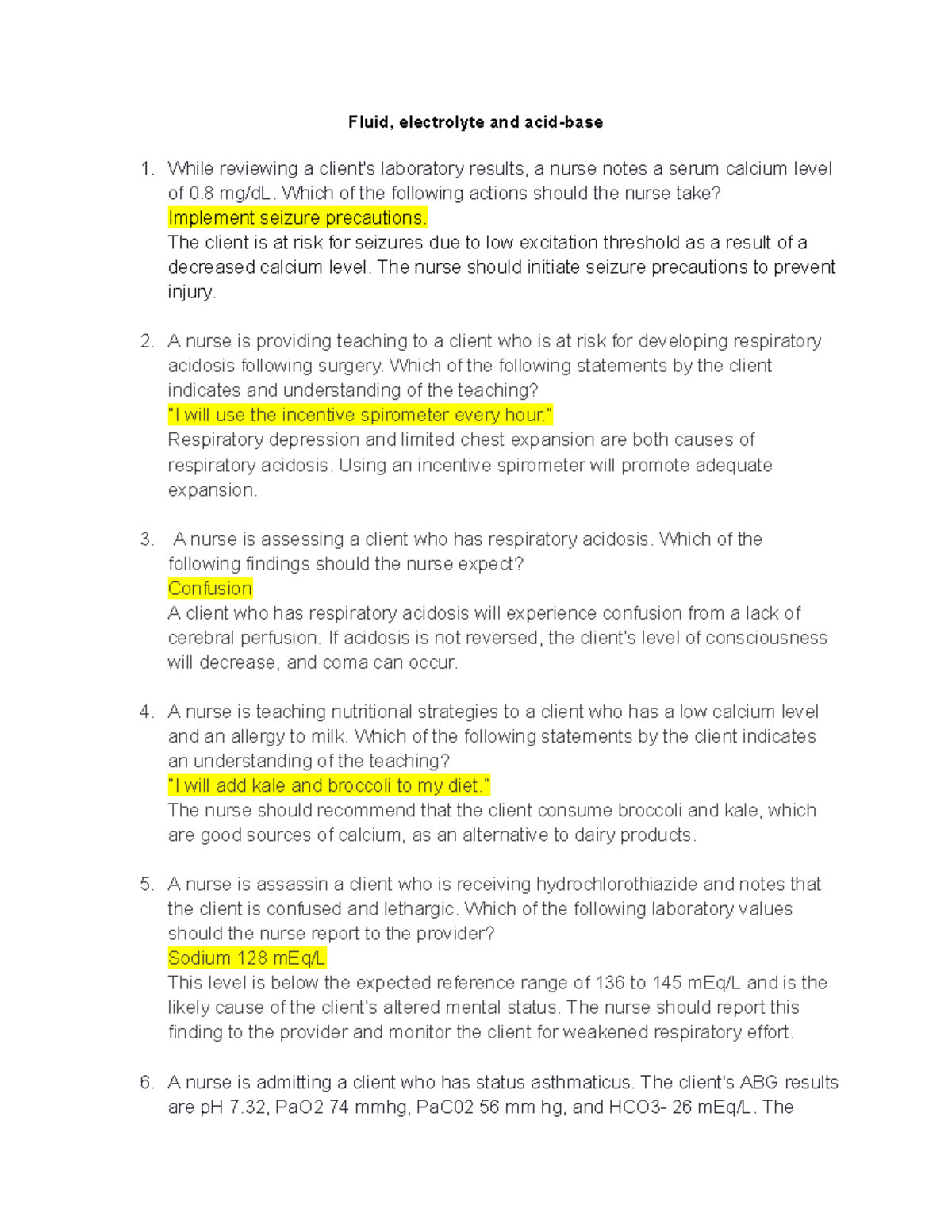 Fluid, Electrolyte, and Acid-Base Imbalance Study Guide: Key Concepts ...