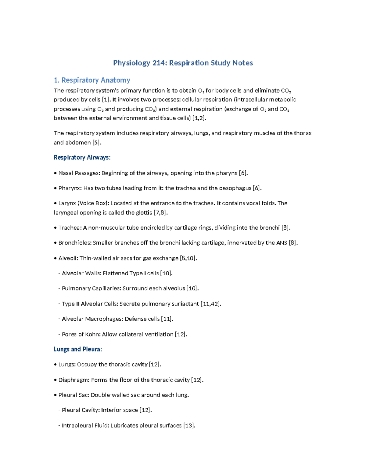 Physiology 214: Respiration Study Notes on Respiratory Anatomy - Studocu