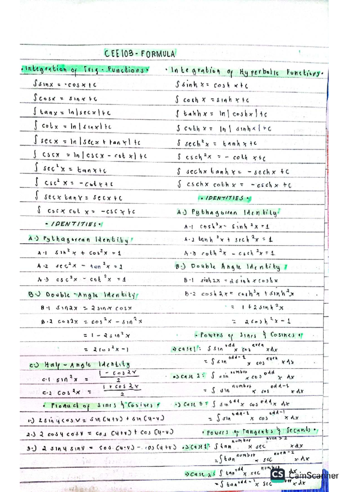 Cee103 Final Exam Notes On Integration Of Trigonometric Functions Studocu