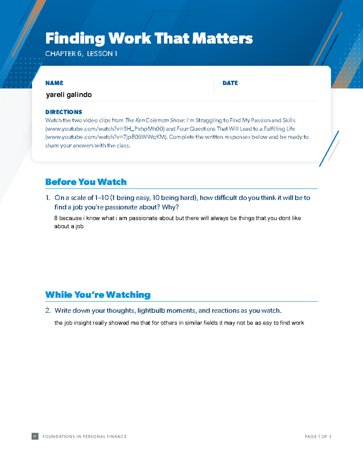 Chapter 6, Lesson 1 Activity Finding Work That Matters - PAGE 1 O F 3 Finding Work That Matters ...