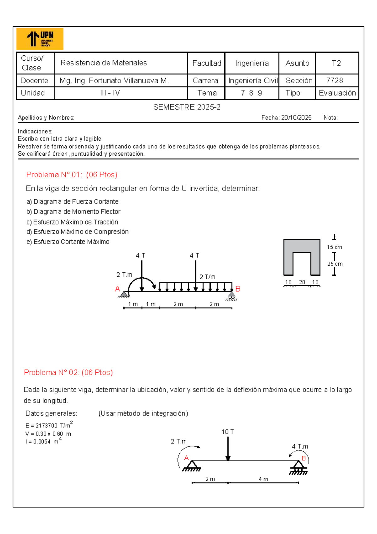 Evaluación T2 7728 - Resistencia de Materiales: Problemas y Soluciones - Studocu