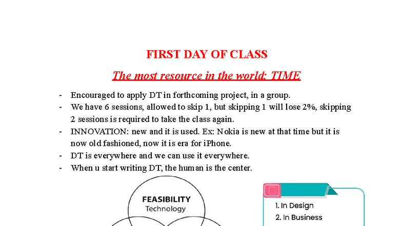 UEH 101: First Day of Class - Innovation & Design Thinking Notes - Studocu