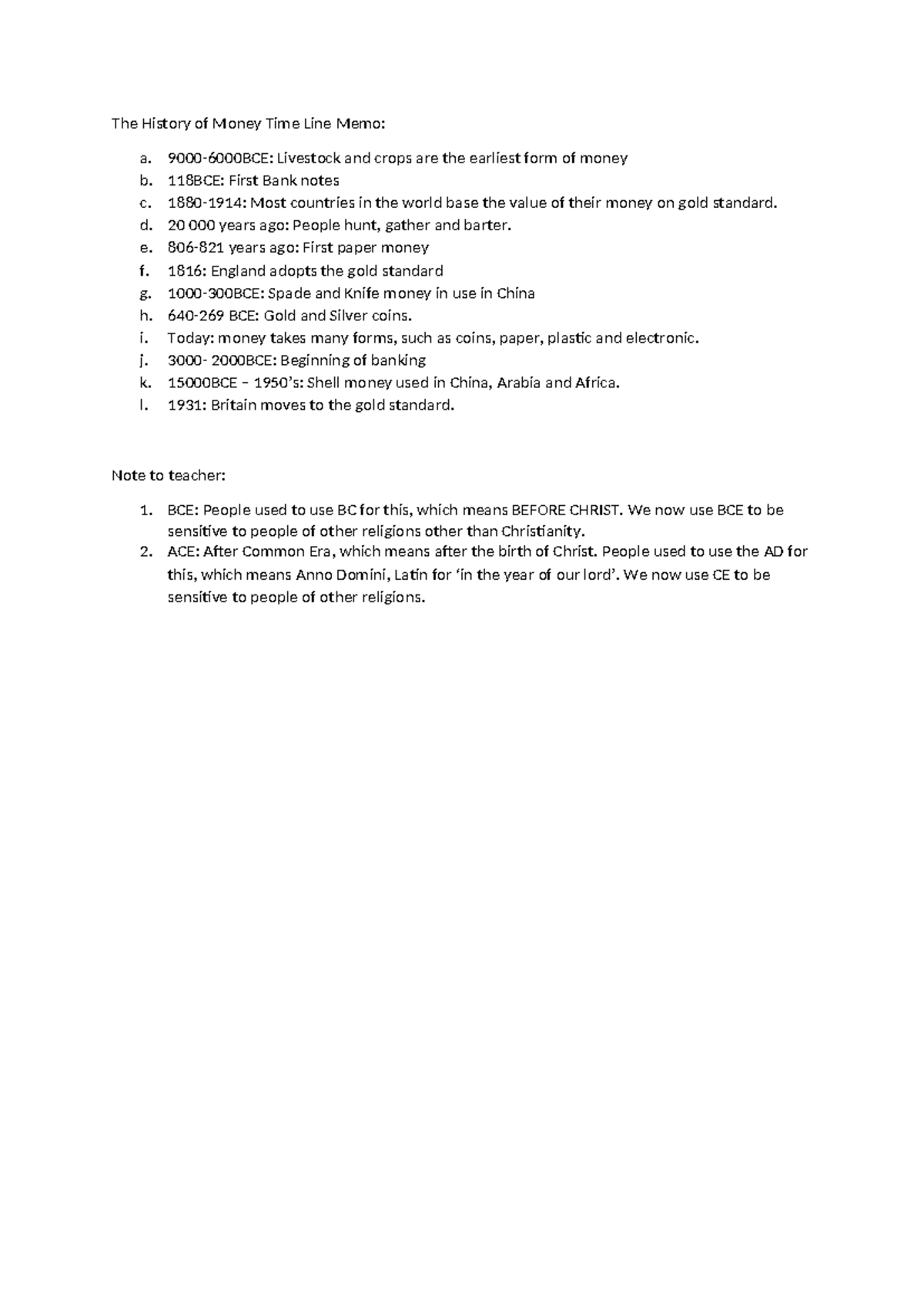 HIST 101: Timeline of Money Through the Ages Memo - Studocu