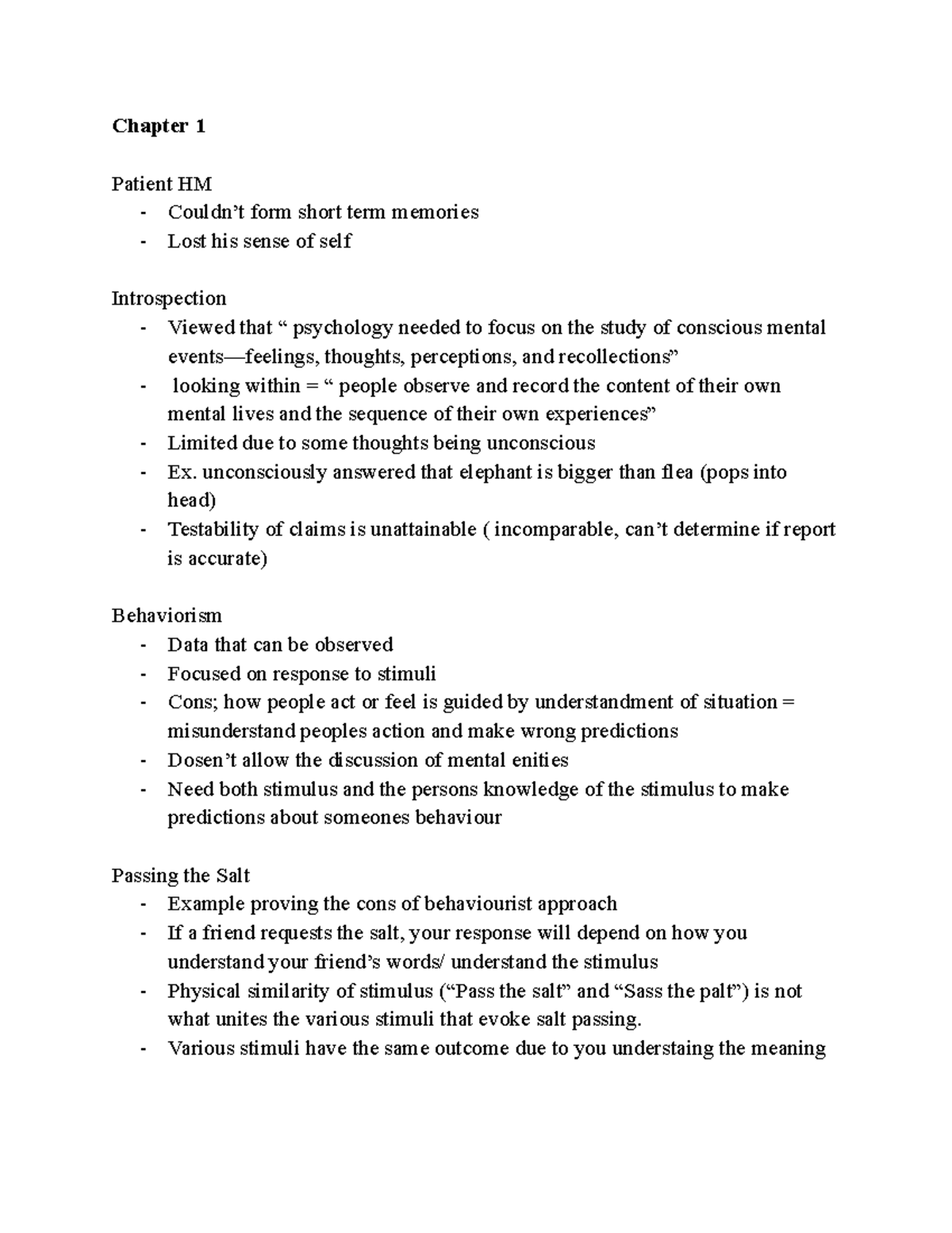 Psychology Notes - Chapter 1 Patient HM - Couldn’t form short term ...