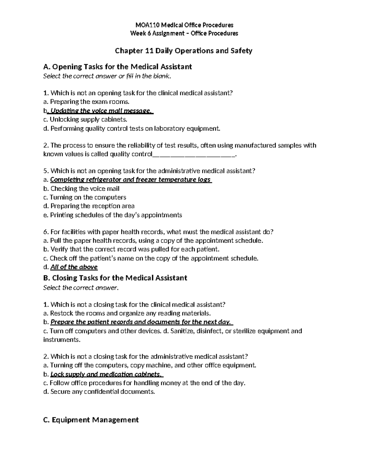 MOA110 Medical Office Procedures Week 6 Assignment: Daily Operations ...