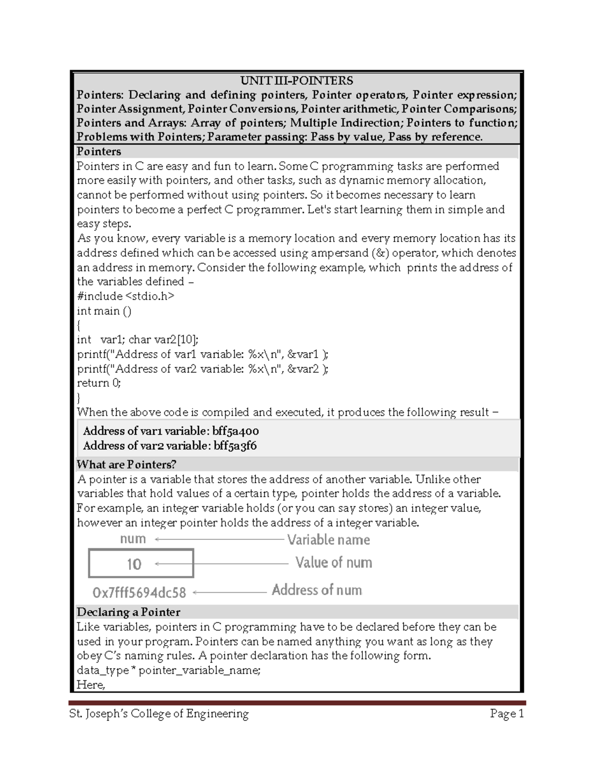 Unit 3 - C Programming: Pointers Overview and Concepts - Studocu