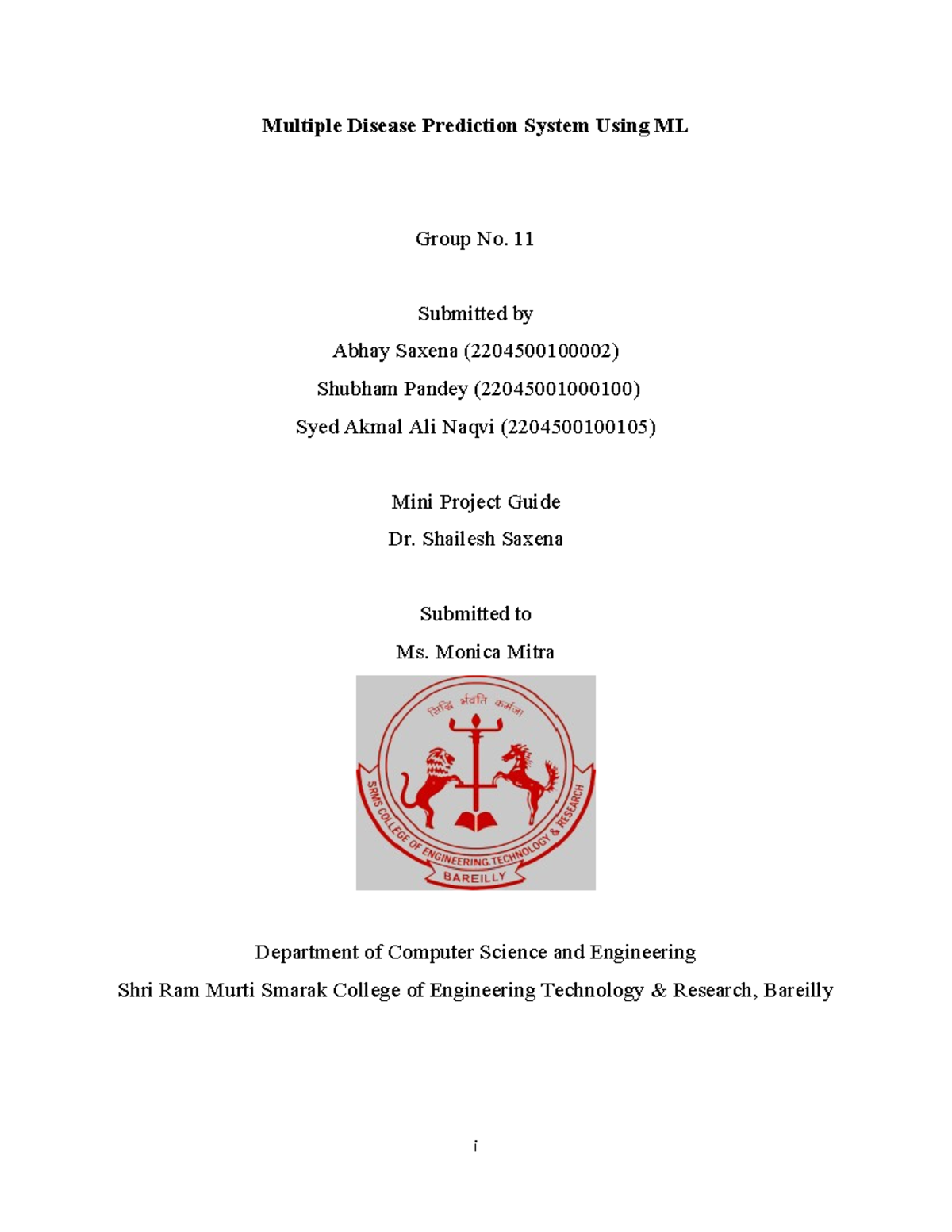 Multiple Disease Prediction System Using ML - Final Report (CSE) - Studocu