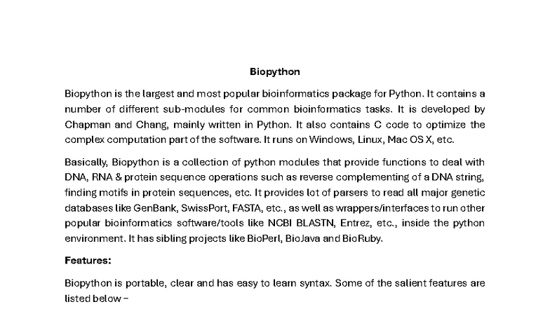Biopython Overview: Key Features and Applications in Bioinformatics - Studocu
