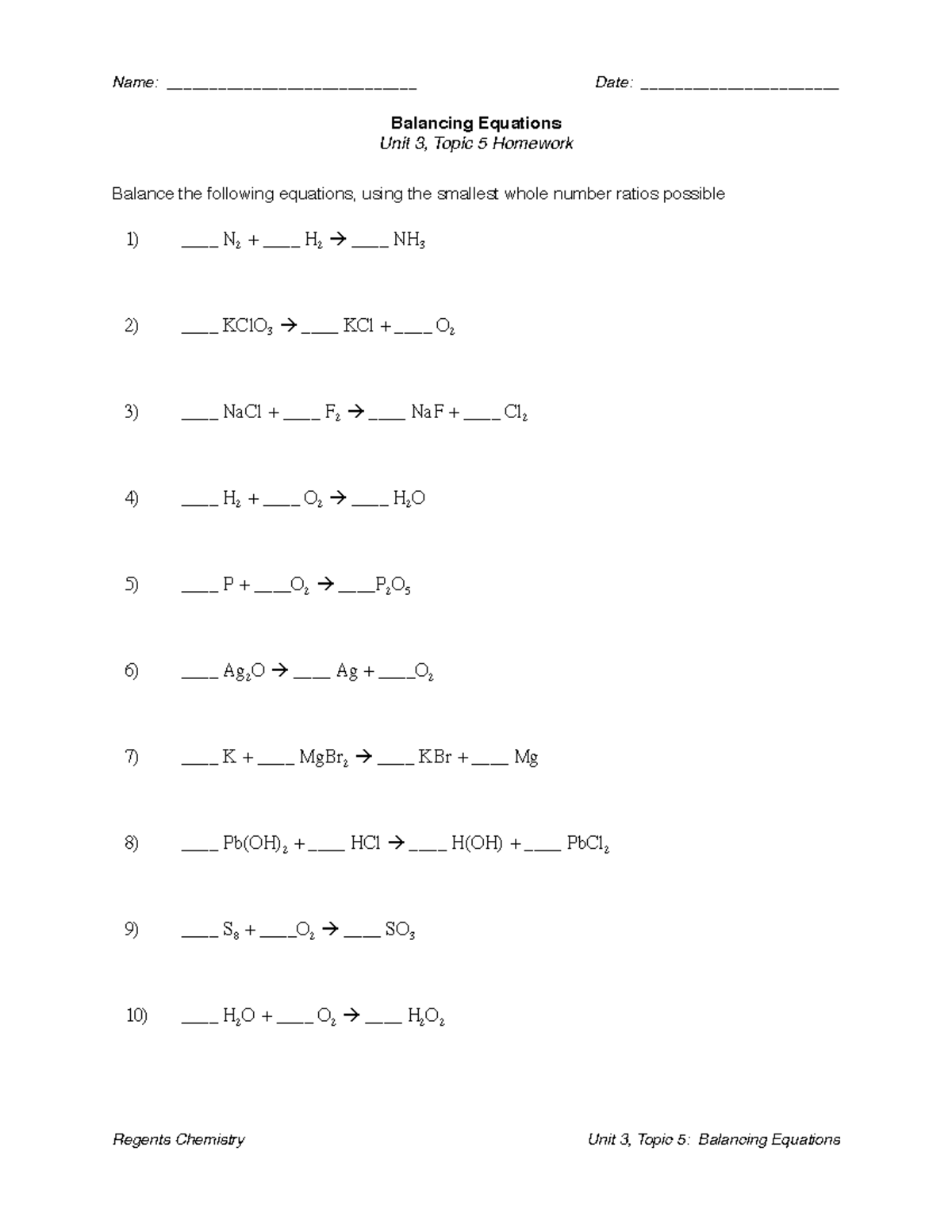 Regents Chemistry Unit 3, Topic 5: Balancing Equations Homework - Studocu