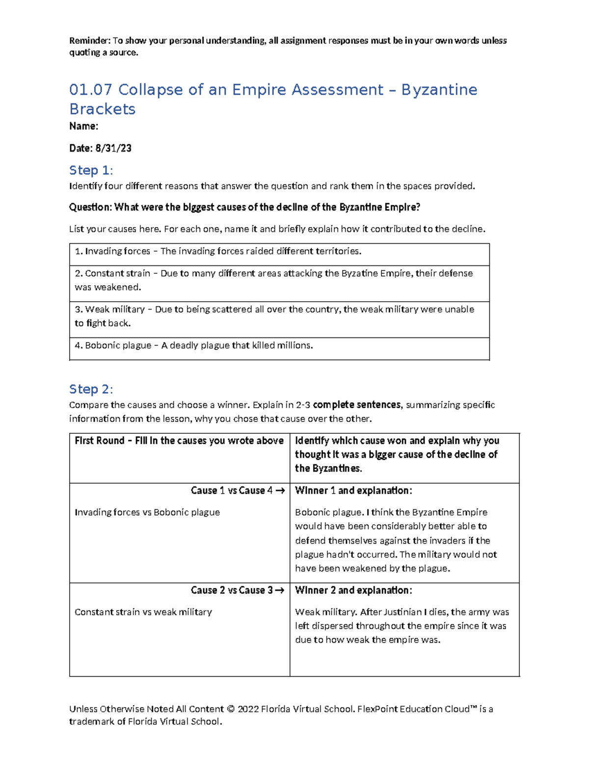 01.07 Byzantine Empire Decline Assessment – Key Causes Ranked - Studocu