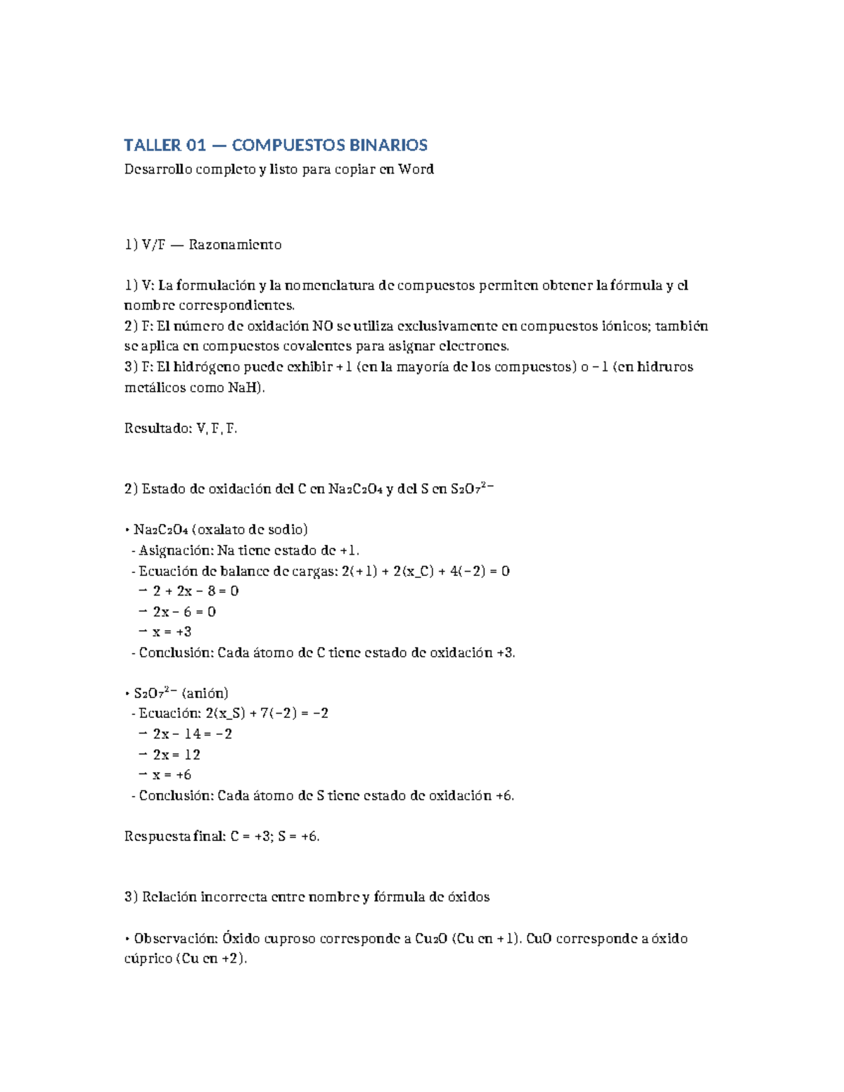 TALLER 01: Compuestos Binarios - Desarrollo Completo y Respuestas - Studocu