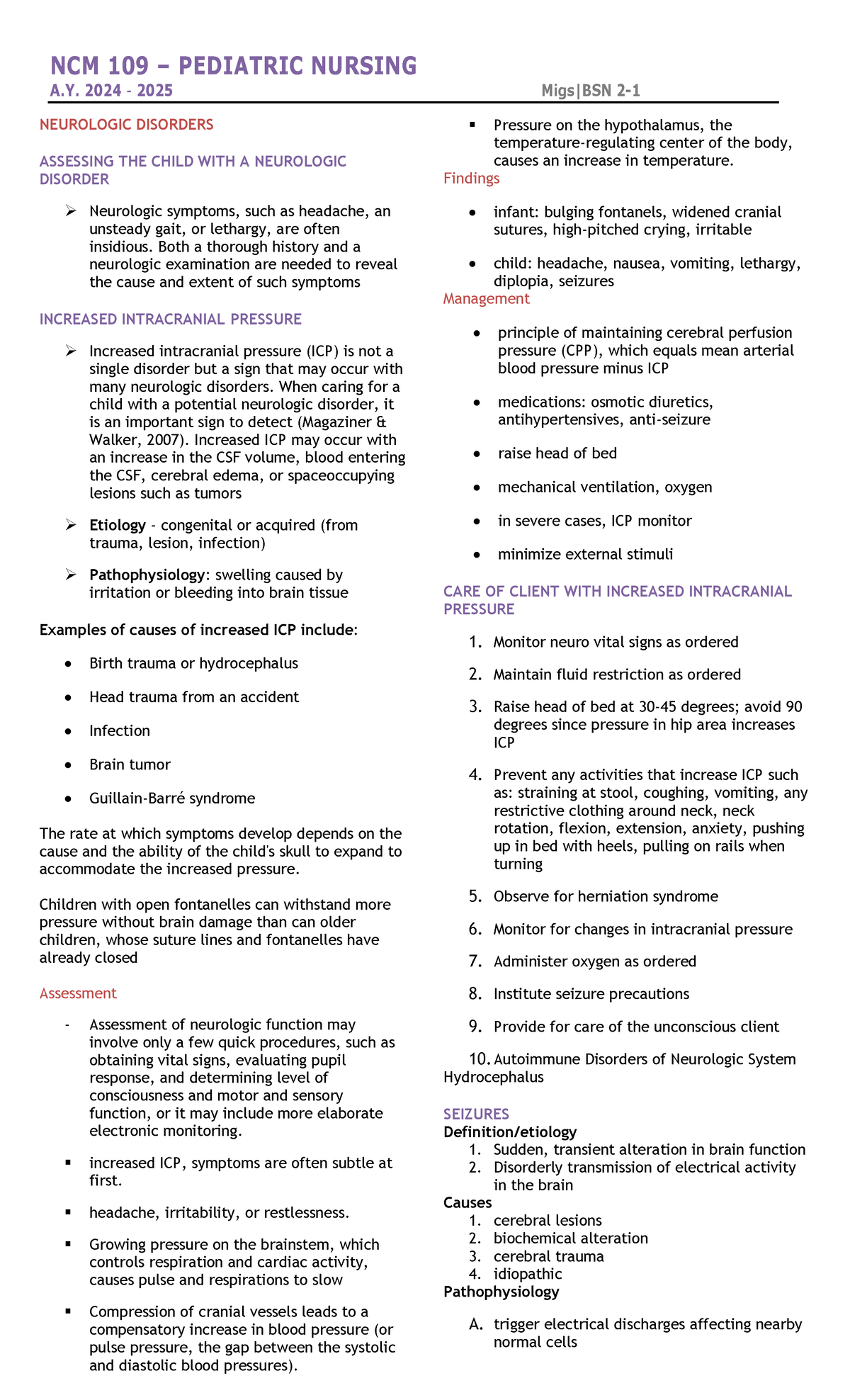 NCM 109 PEDIATRIC NURSING A.Y. 2024-2025 FINAL TERM REVIEWER ON NEUROLOGIC - Studocu