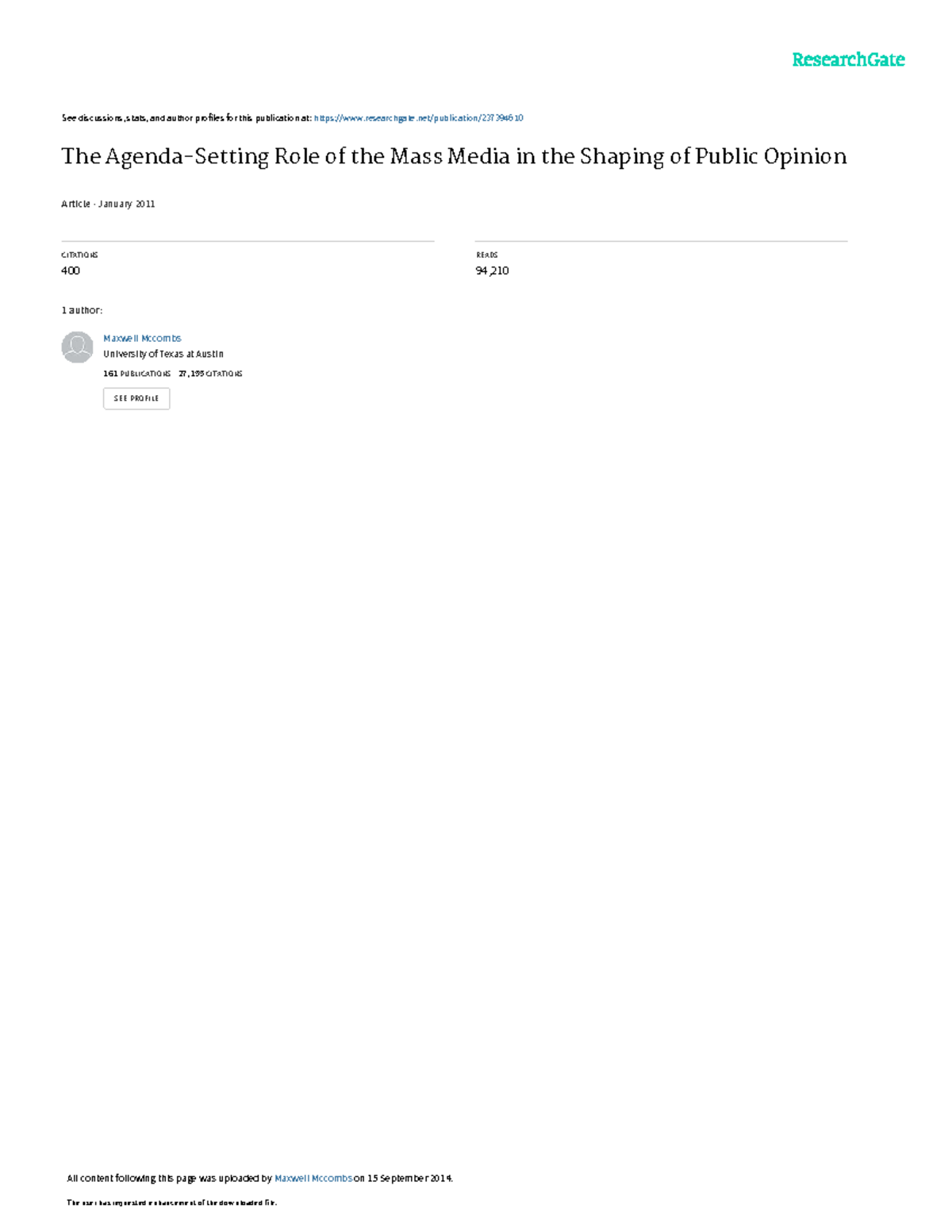 The Agenda-Setting Role of Mass Media in Public Opinion (COMM 101 ...
