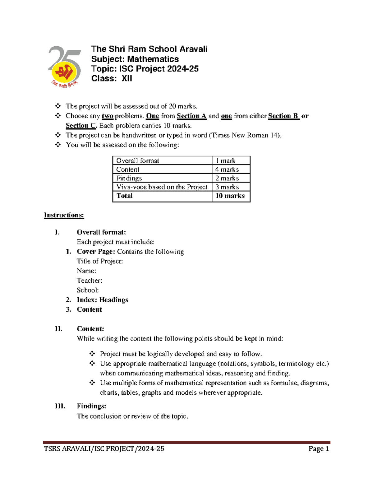 ISC Project Guidelines for Class XII Maths (2024-25) - Studocu