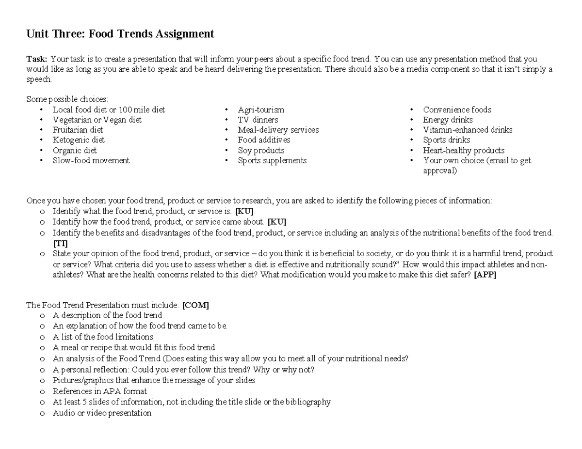Food Trends Assignment & Rubric for Jan 2024 Presentation - Studocu