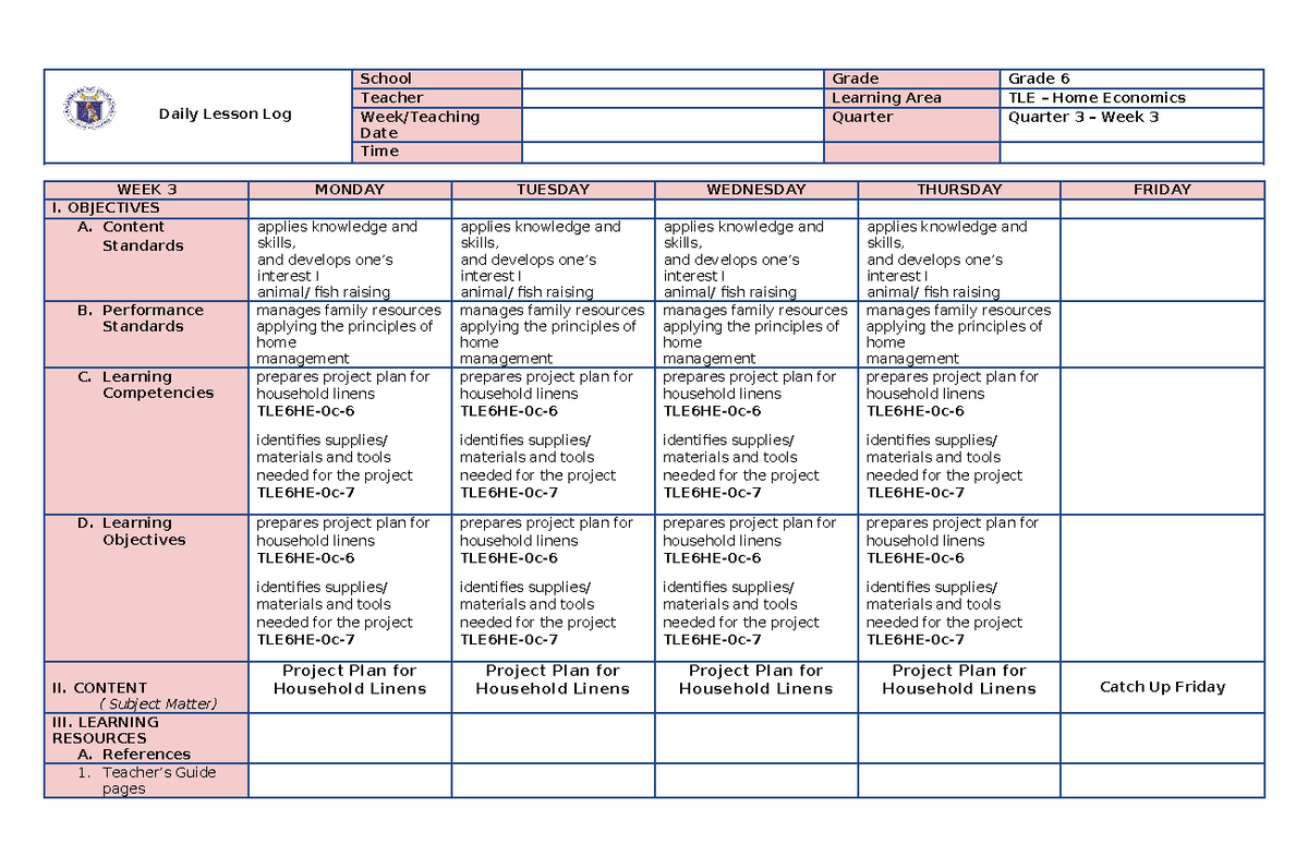 DLL HE6 Q3 W3: Project Plan for Household Linens and Objectives - Studocu