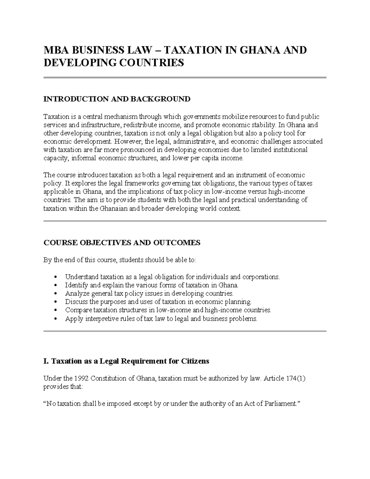 MBA BUSINESS LAW: TAXATION IN GHANA AND DEVELOPING COUNTRIES - Studocu