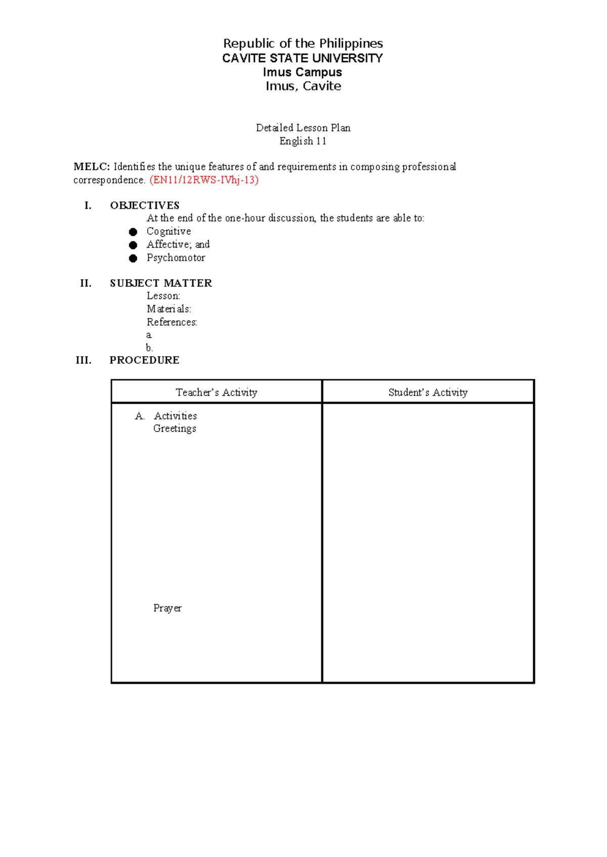 Detailed Lesson Plan: Professional Correspondence - English 11 - Studocu
