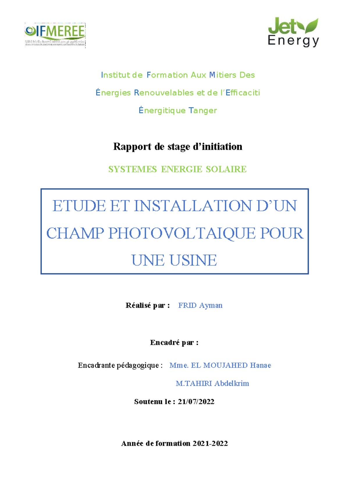 Rapport de Stage: Étude et Installation de Systèmes Énergie Solaire ...