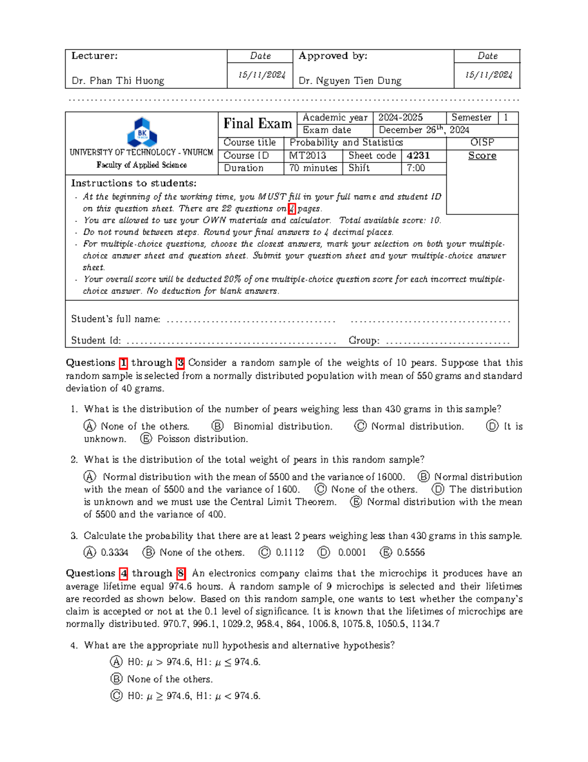 Final Exam MT2013: Probability and Statistics - Semester 1 2024 - Studocu