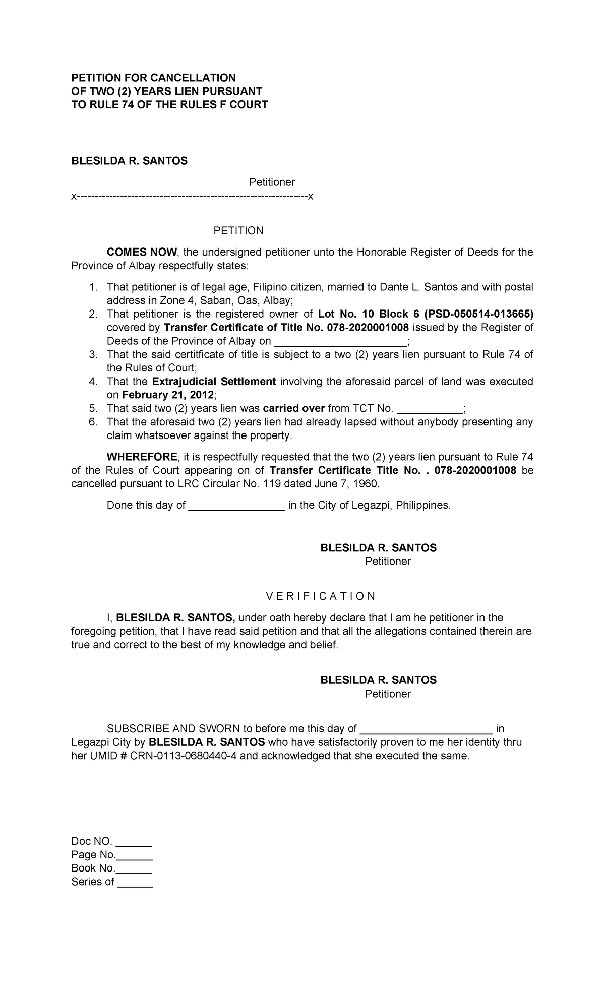 PETITION FOR CANCELLATION OF 2-YEAR LIEN UNDER RULE 74 - Studocu