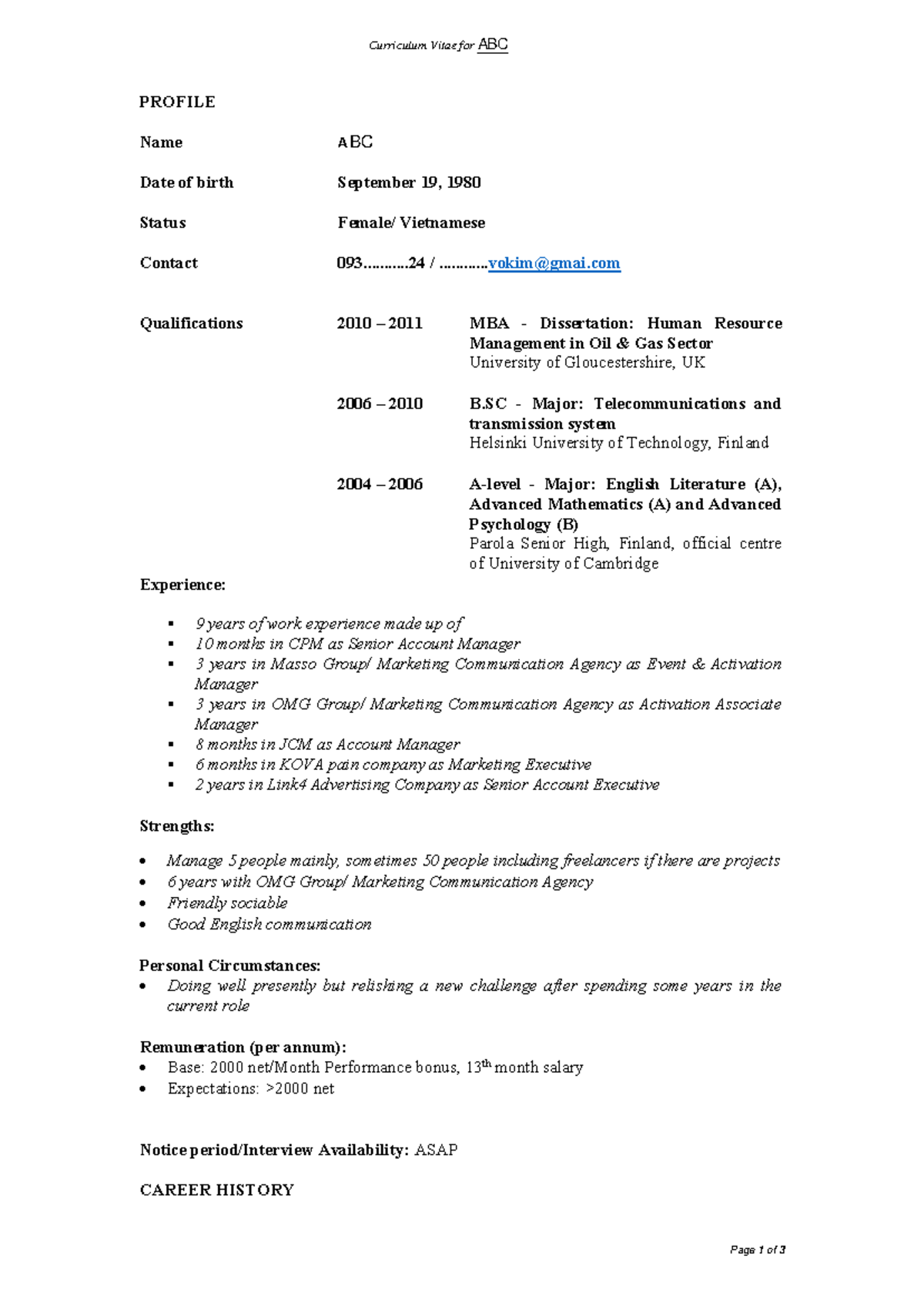 Curriculum Vitae for ABC - Professional Profile & Experience Overview ...
