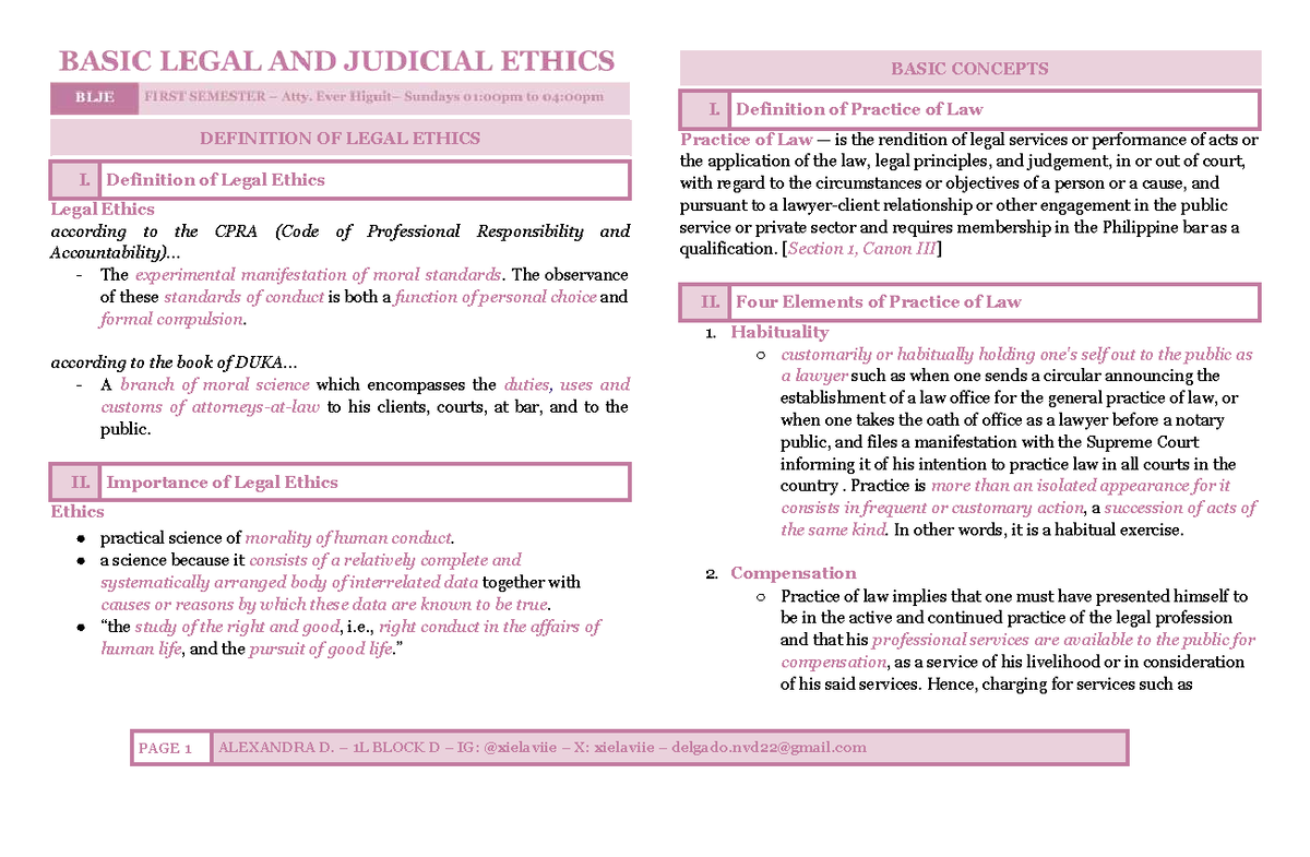 BASIC LEGAL AND JUDICIAL ETHICS (1L) - Key Concepts and Principles ...